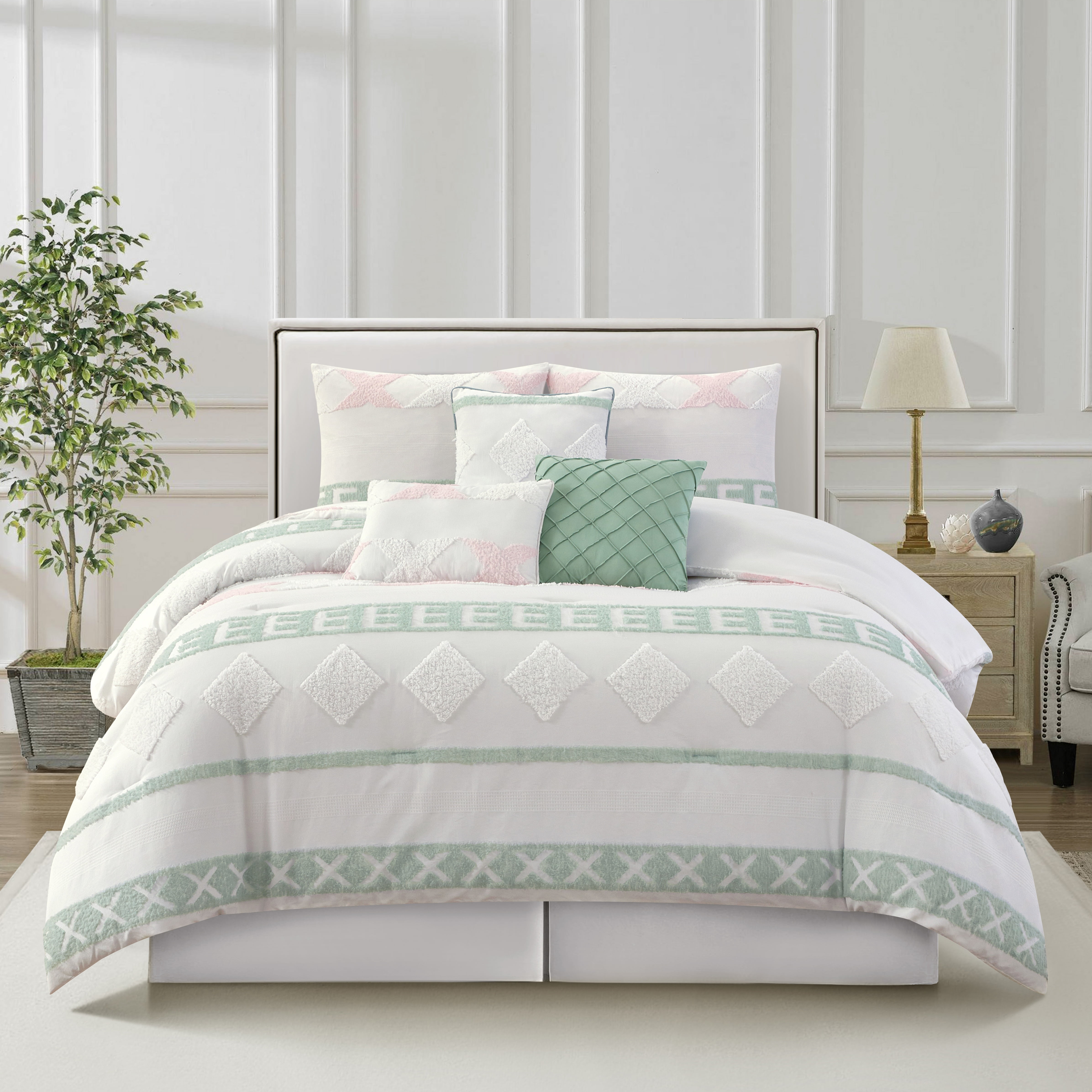 Lanco 7 Piece White Green Comforter Set, Queen Size, Geometric Pattern Bedding Set, Matching ...