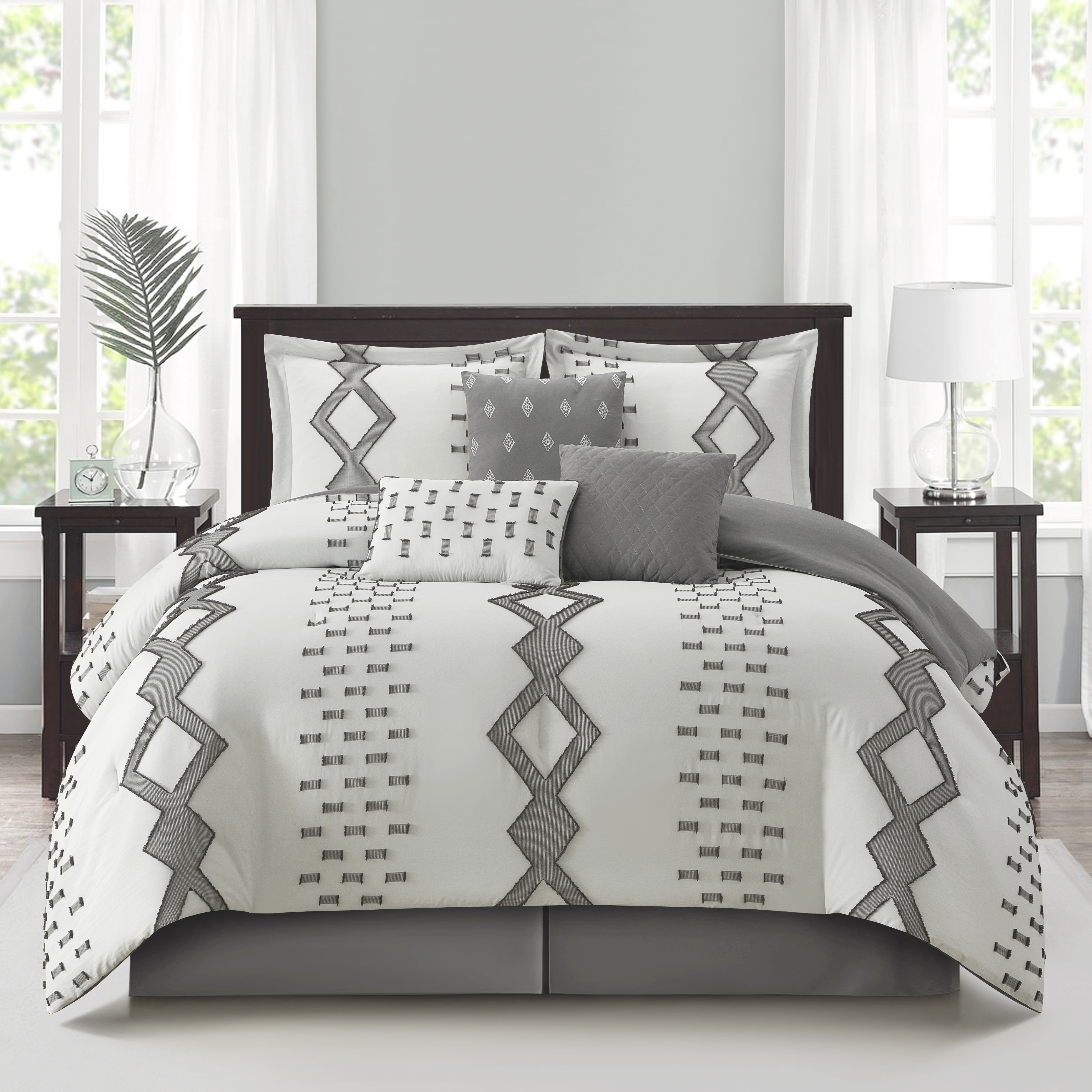 Lanco 7 Piece White Grey Comforter Set, King Size， All Season Geometric Pattern Bedding Set ...