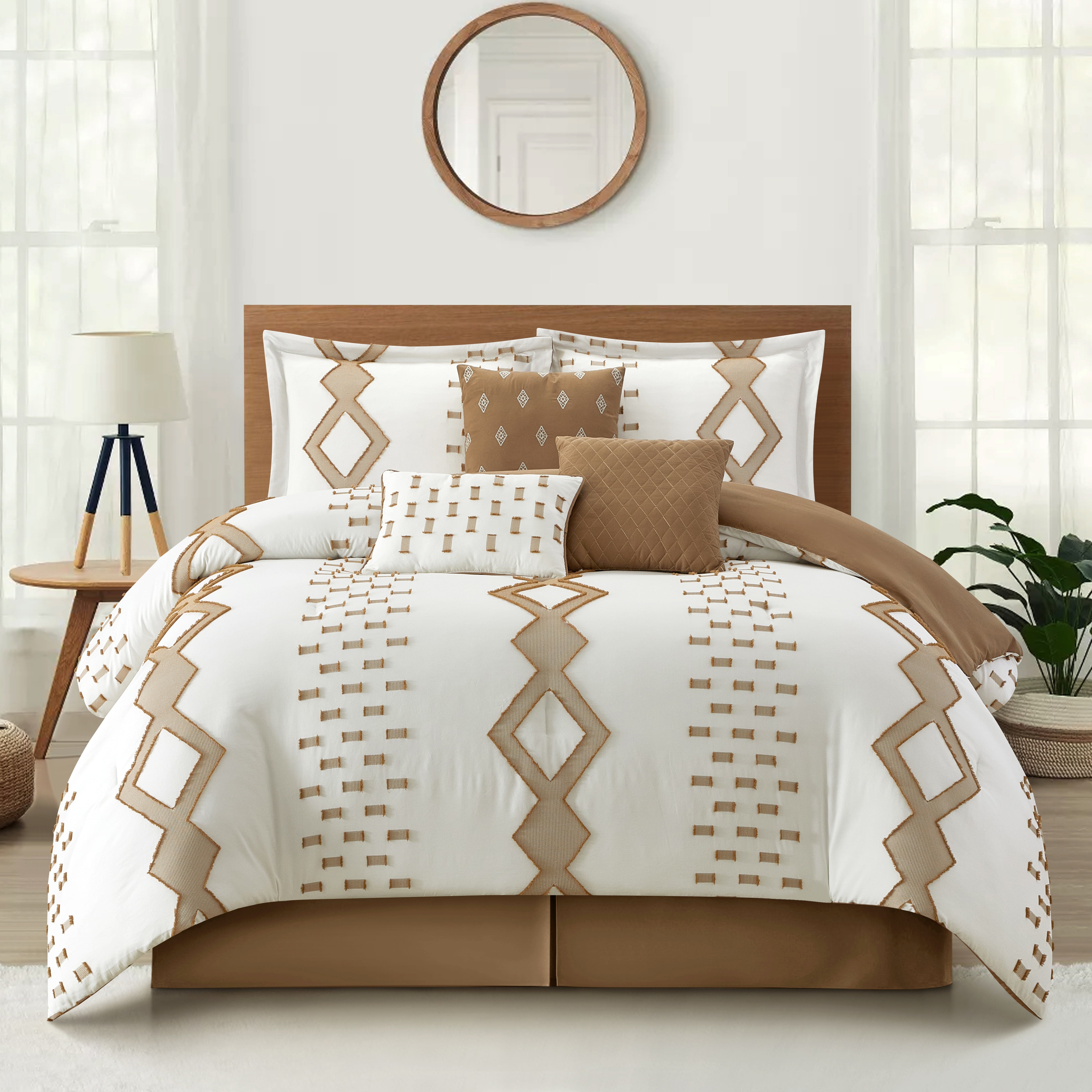 Lanco 7 Piece White Taupe Comforter Set, California King Size， All Season Geometric Pattern ...
