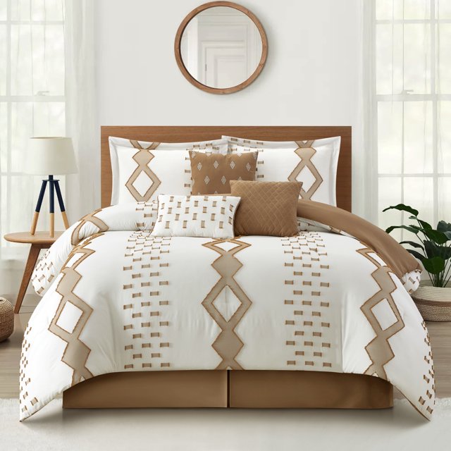Lanco 7 Piece White Taupe Comforter Set, California King Size， All Season Geometric Pattern ...