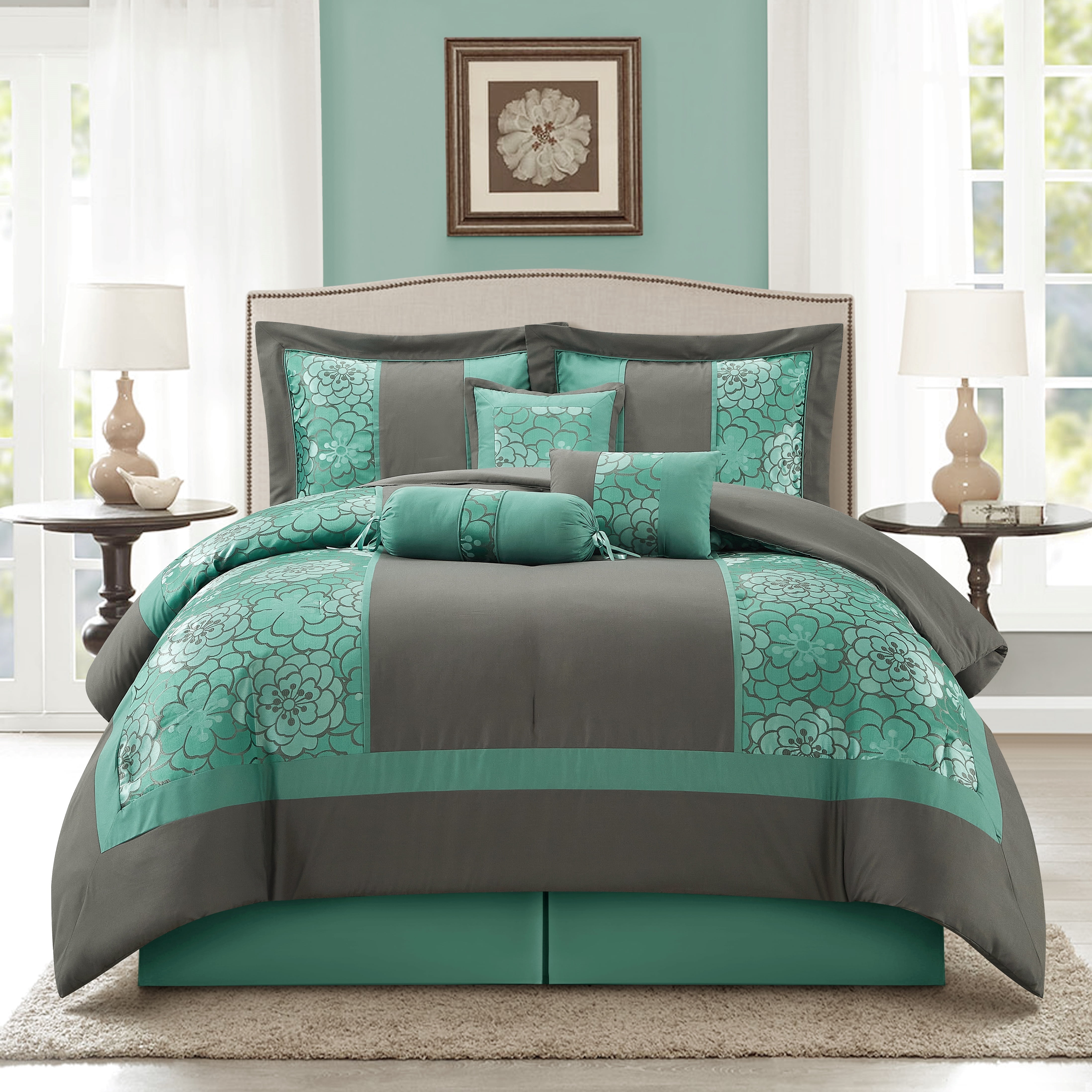 Lanco Aqua Grey Comforter Set Queen Size, 7 Piece Jacquard Soft Bedding ...
