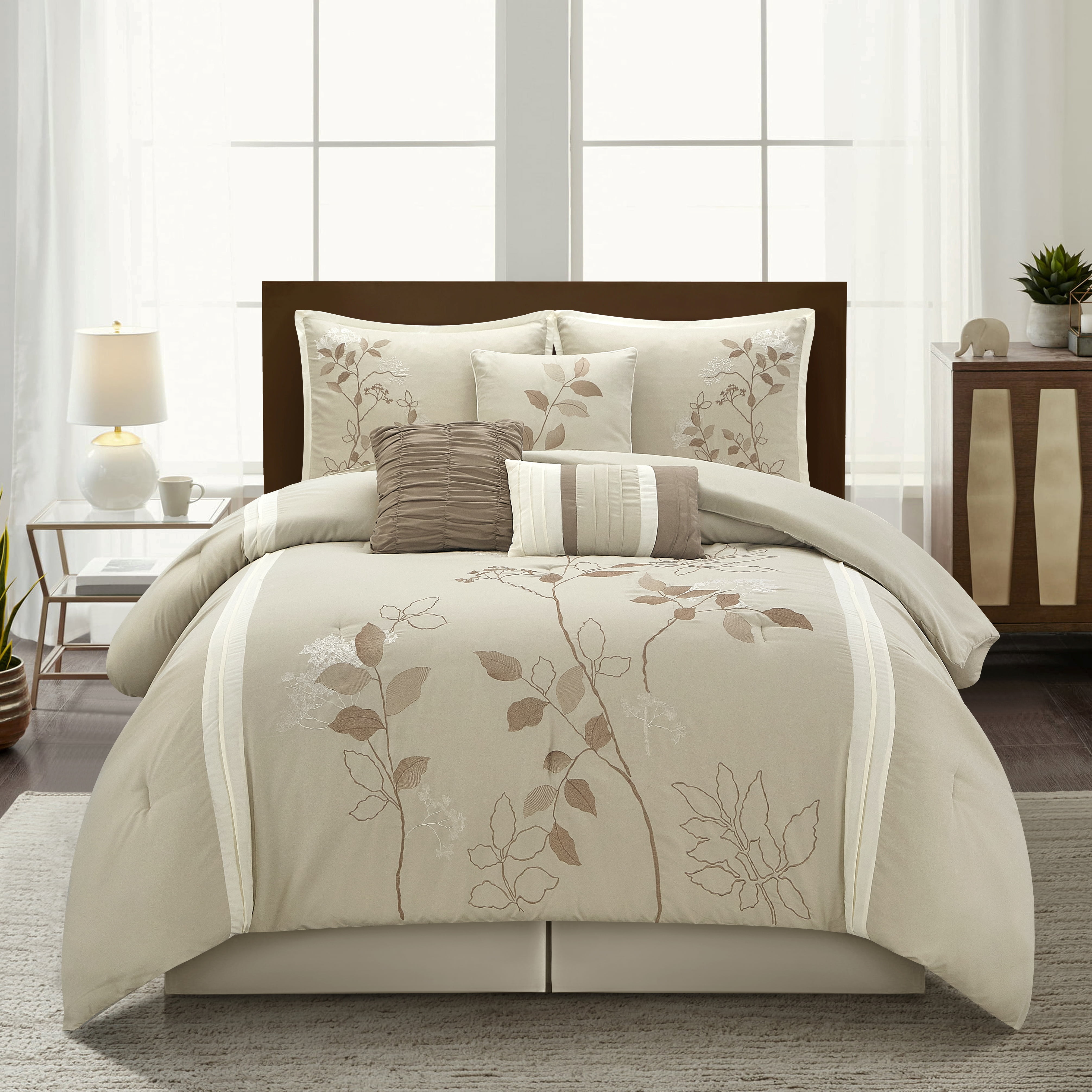 Lanco Beige Comforter Set Queen Size, 7 Piece Embroidery Bedding Set ...