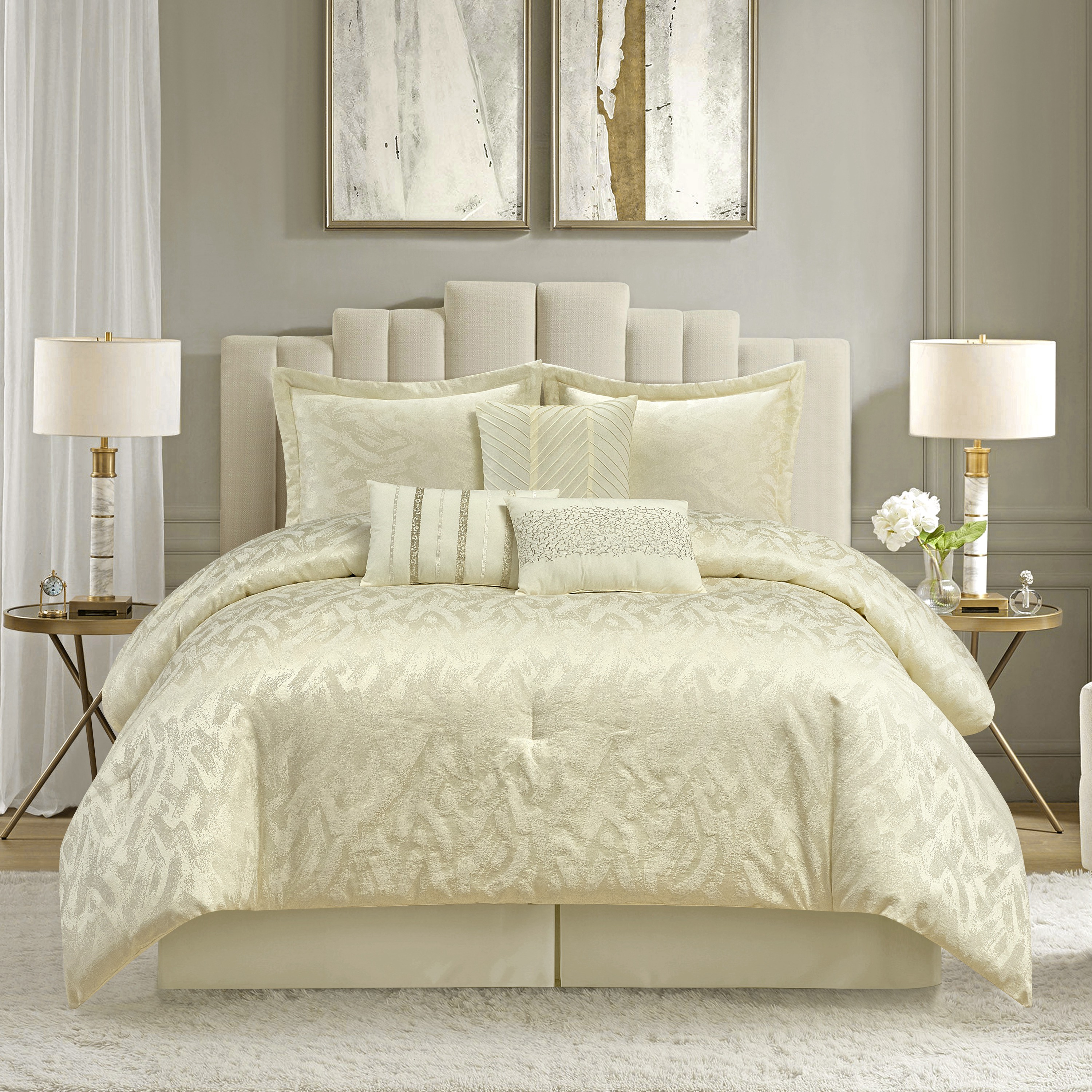 Lanco Beige Comforter Set Queen Size 7 Pieces Jacquard Bedding Set Lanco Beige Comforter Set Queen Size 7 Pieces Jacquard Bedding Set