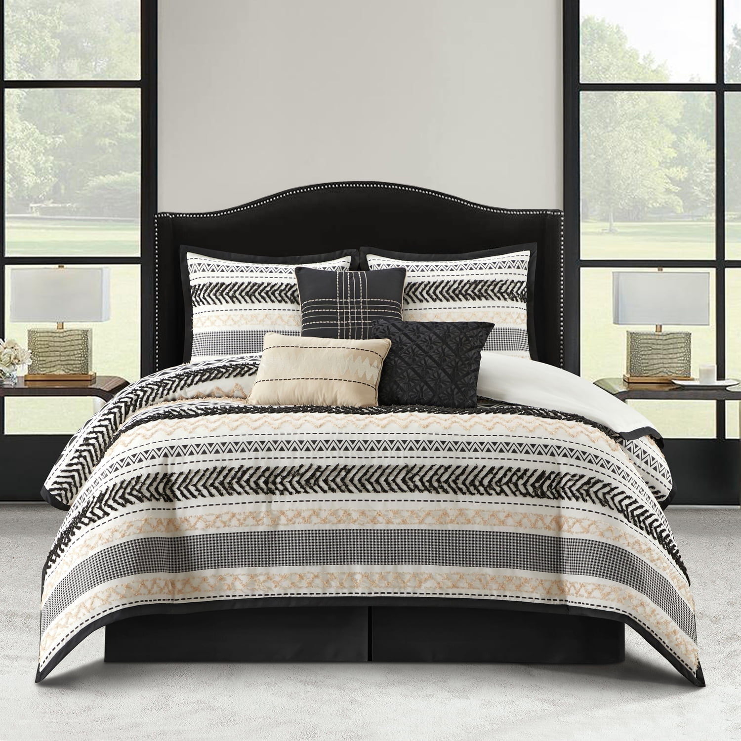 Lanco Black Gold Comforter Set Queen Size , 7 Piece Jaquard and Clip ...