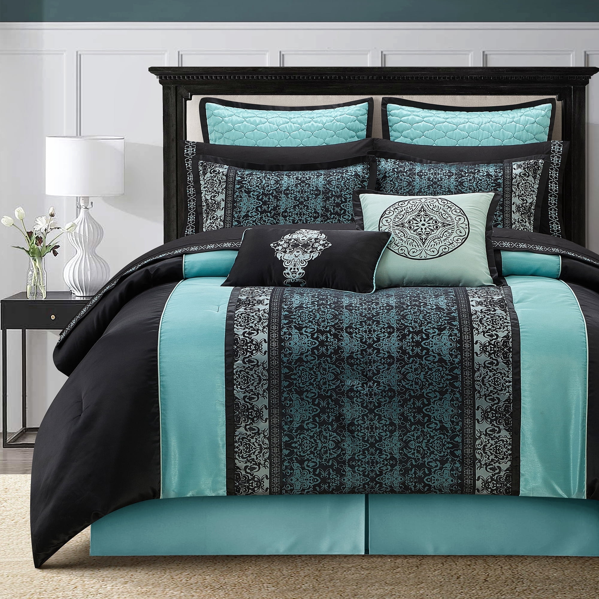 Lanco Black & Teal Comforter Set California King Size, Classic Jacquard ...