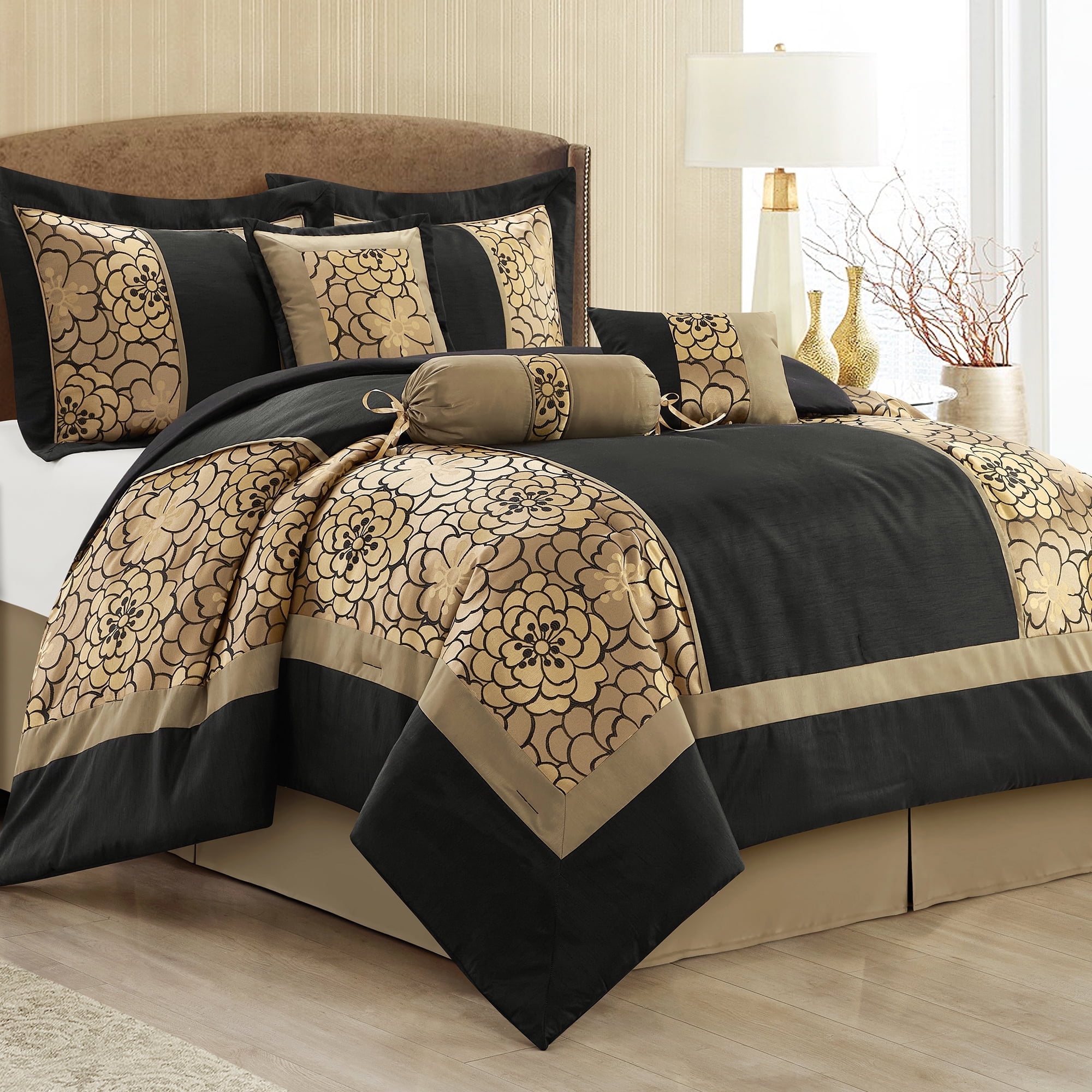 Lanco 7 Piece Jacquard Soft Bedding Set, Black and Gold Comforter Set ...