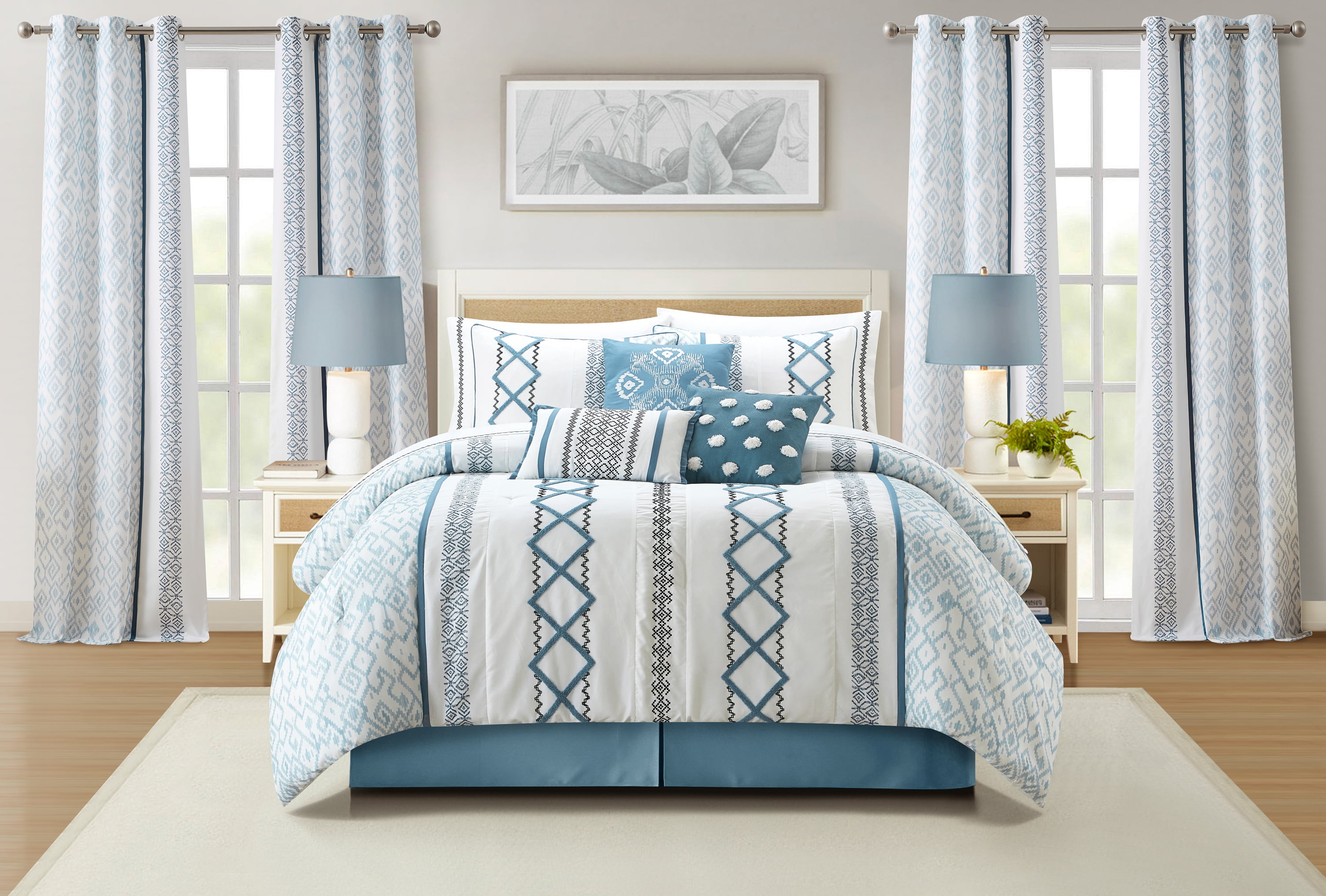 Lanco Blue Comforter Set Queen Size, 15 Piece Terry Embroidery All ...