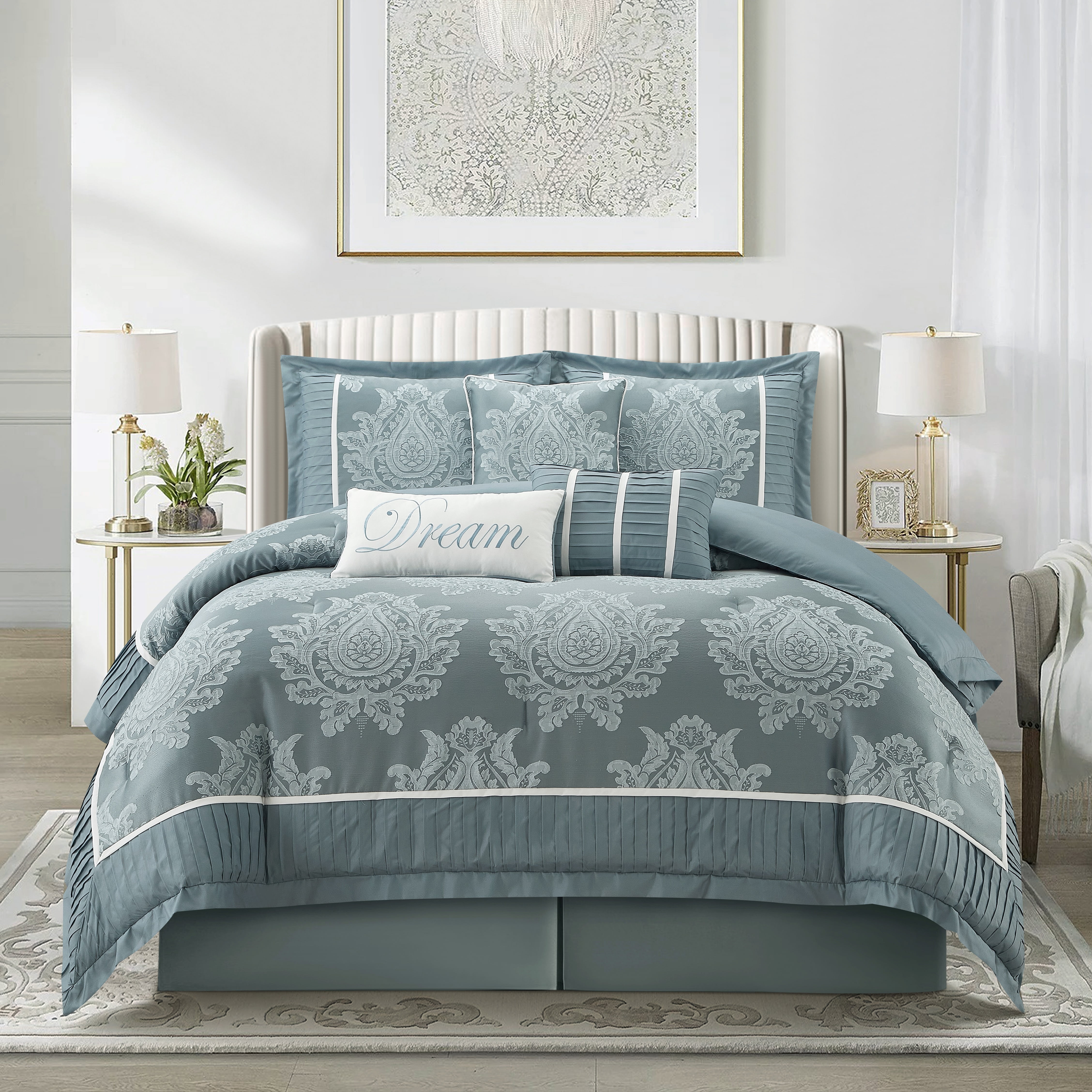 Lanco Blue Damask Patchwork Queen Size Comforter Set, 7 Piece, Jacquard ...