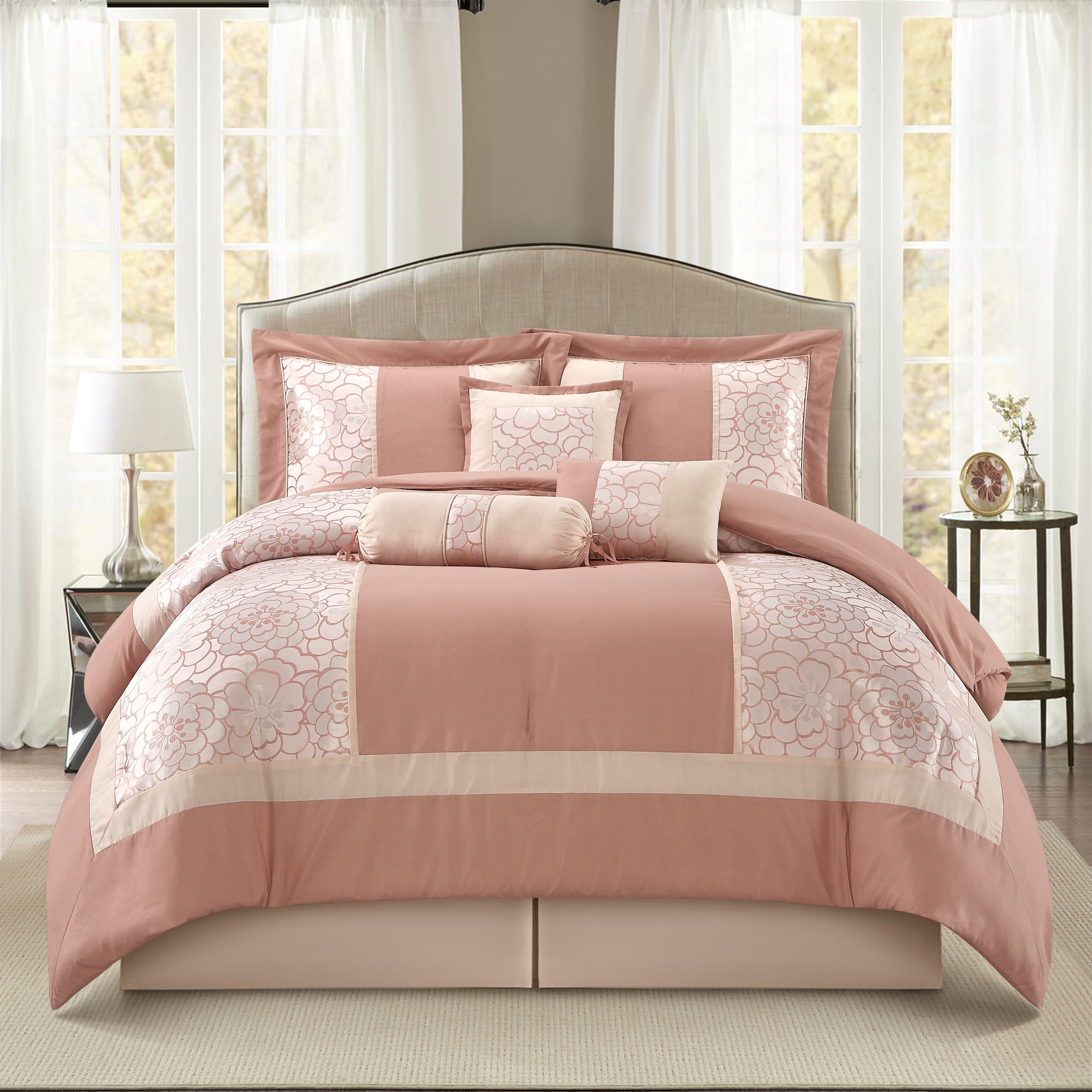 Lanco Blush Comforter Set Queen Size, 7 Piece Jacquard Soft Bedding Set ...