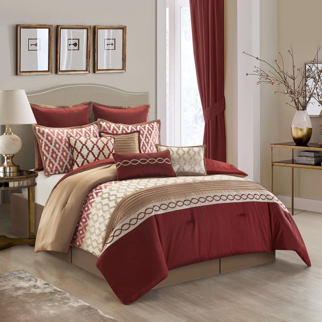 Lanco Caval Diamond 10 Piece King Size Bedding Set, Burgundy, Geometric Jacquard, Polyester ...