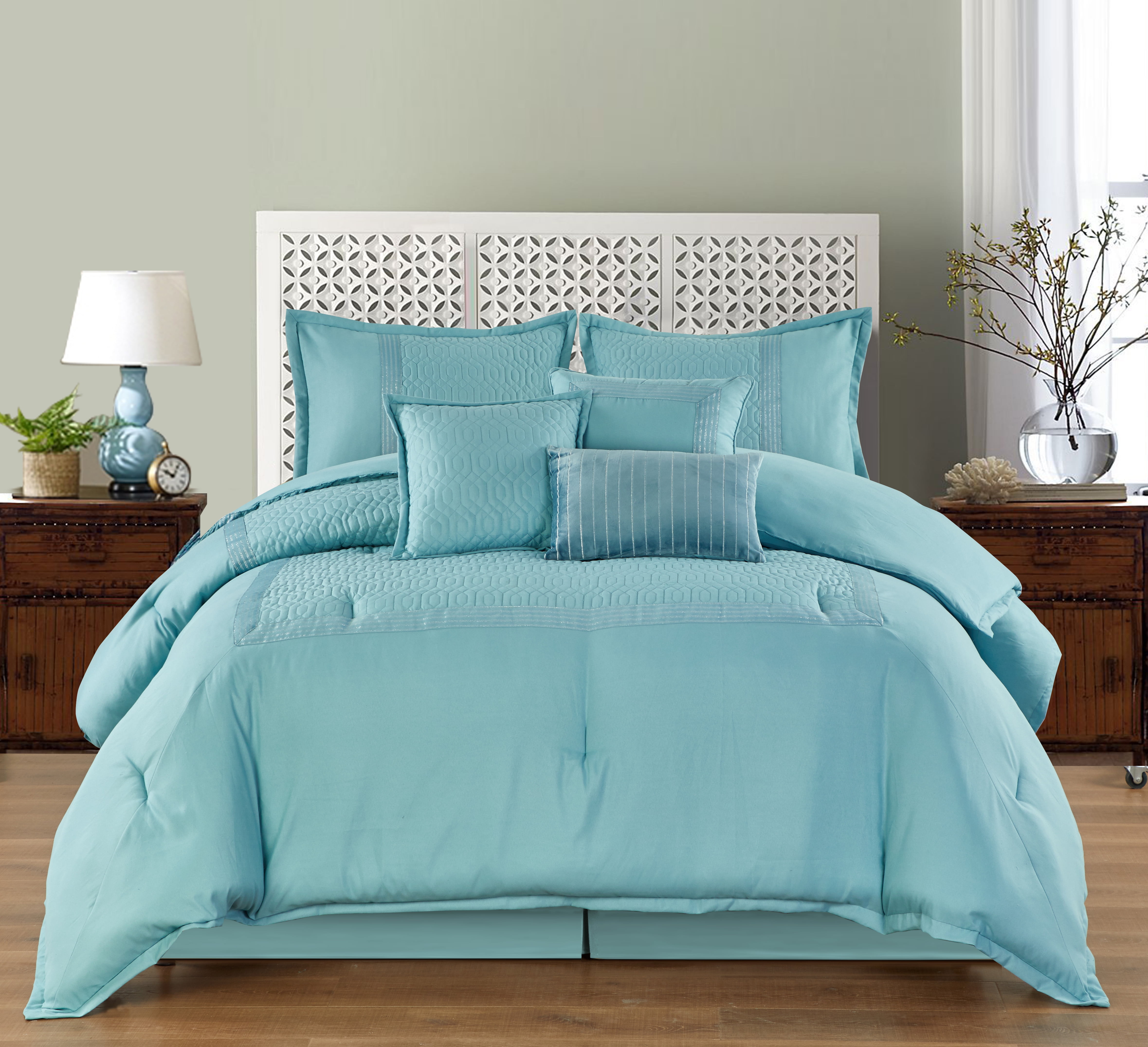 Lanco Courtney Solid Print 7-Piece Comforter Set, Aqua, California King ...
