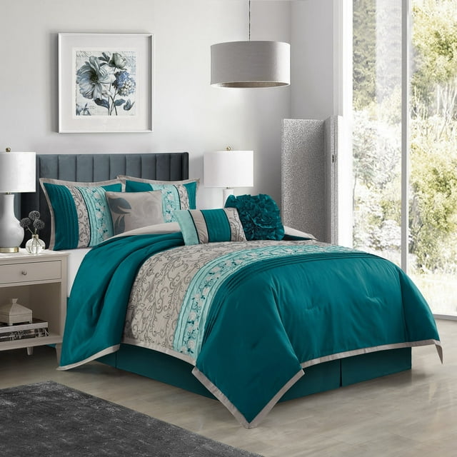 Lanco Dolores 7-Piece California King Comforter Set, Teal, Floral Fill ...