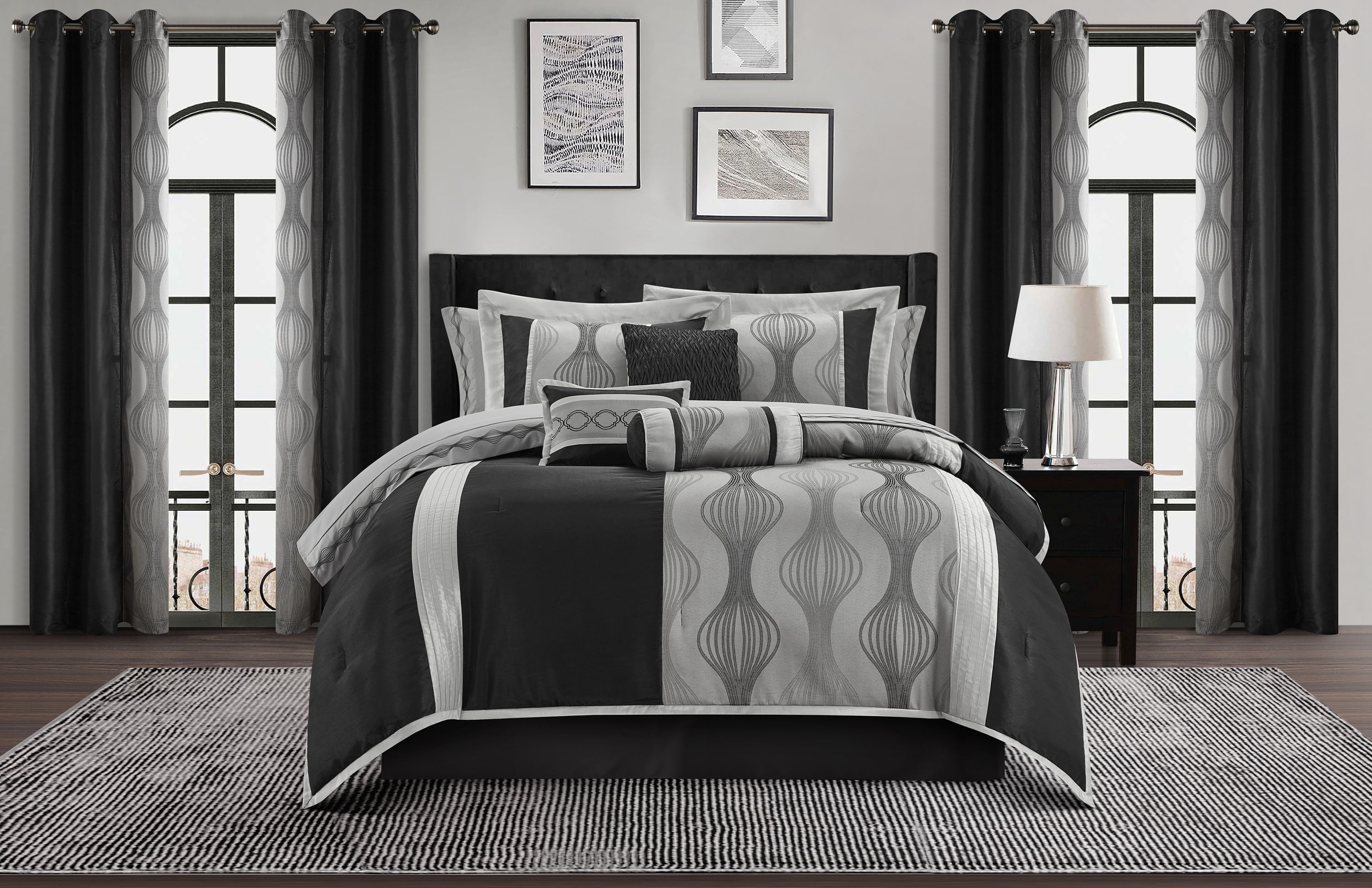 Lanco Elegant Black and Silver Comforter Set, 15 Piece Room-in-A-Bag ...