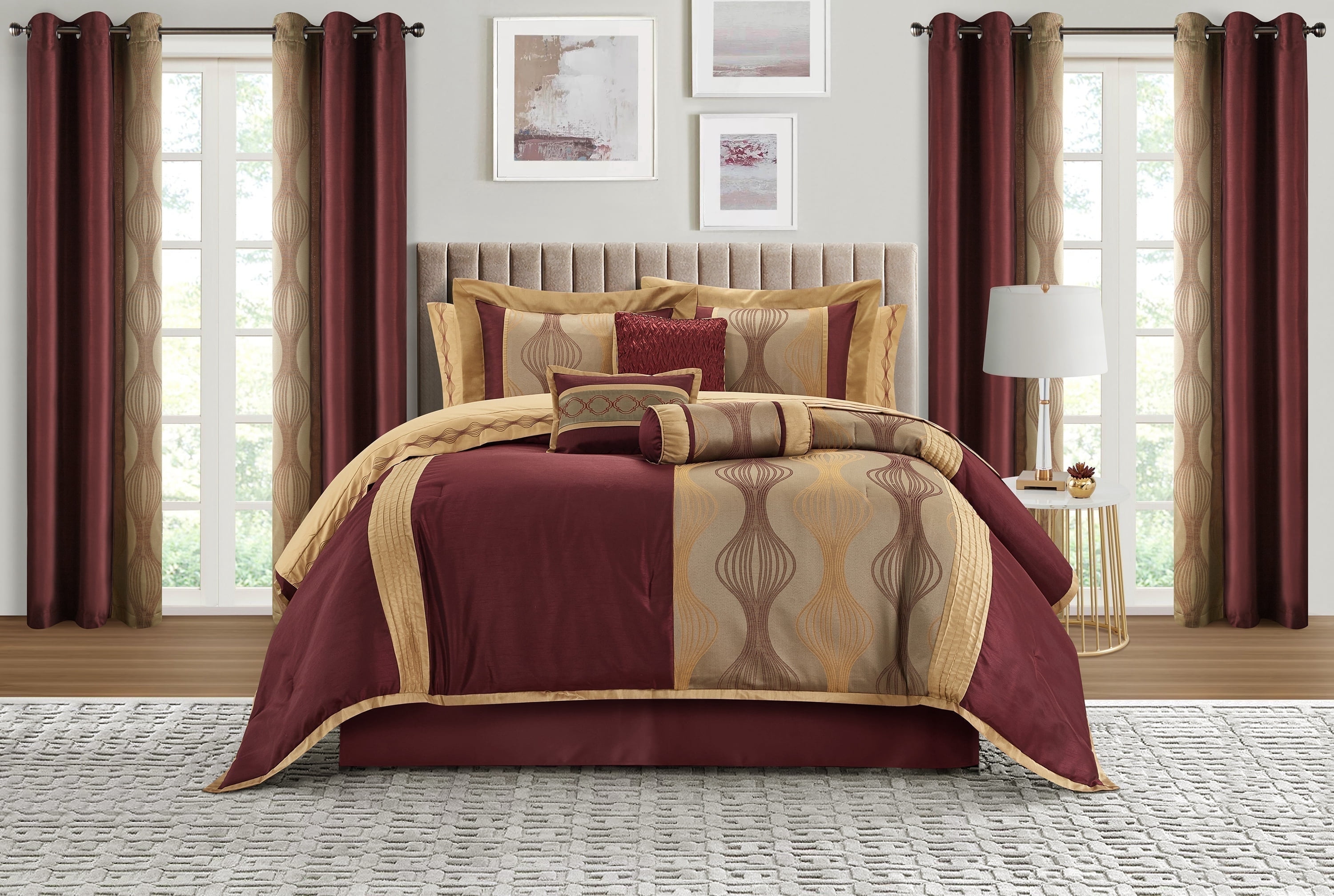 Lanco Elegant Wine Gold Comforter Set,15 Piece Room-in-A-Bag, Queen ...