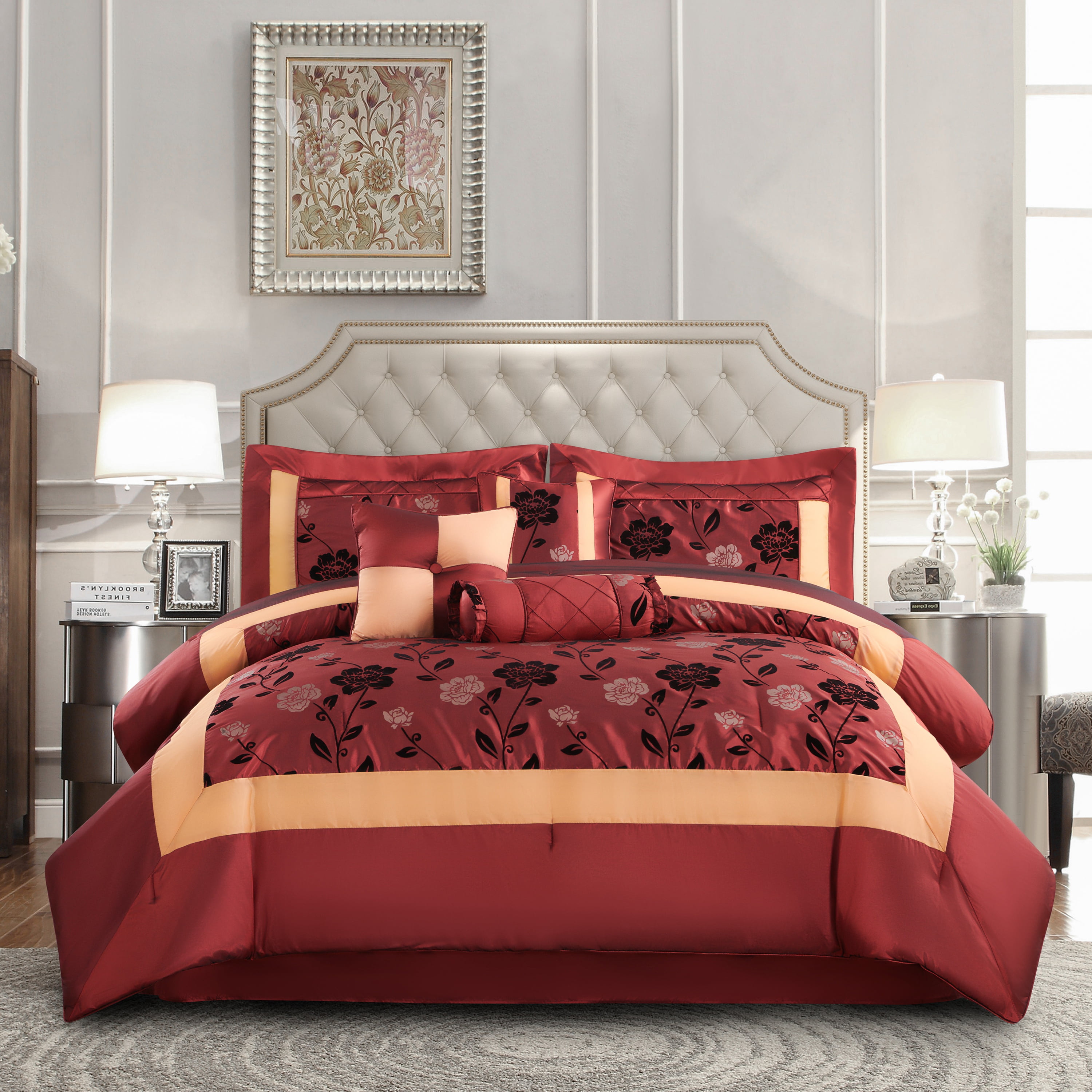 Lanco Floral 7 Piece Wine Gold Comforter Set Queen Size Flocking