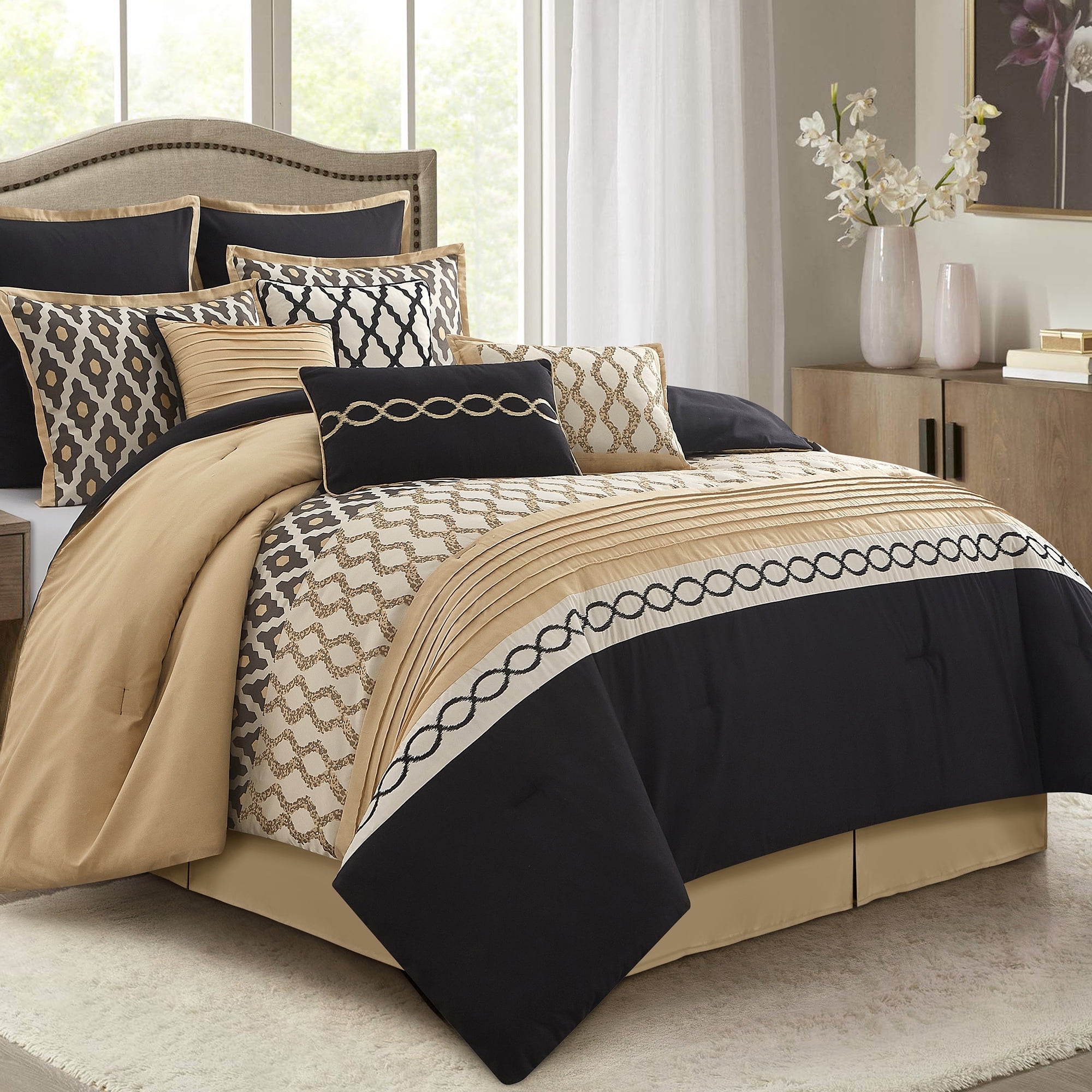 Lanco Geometirc Queen Black Gold Comforter Set, 10 Piece, Jacquard ...