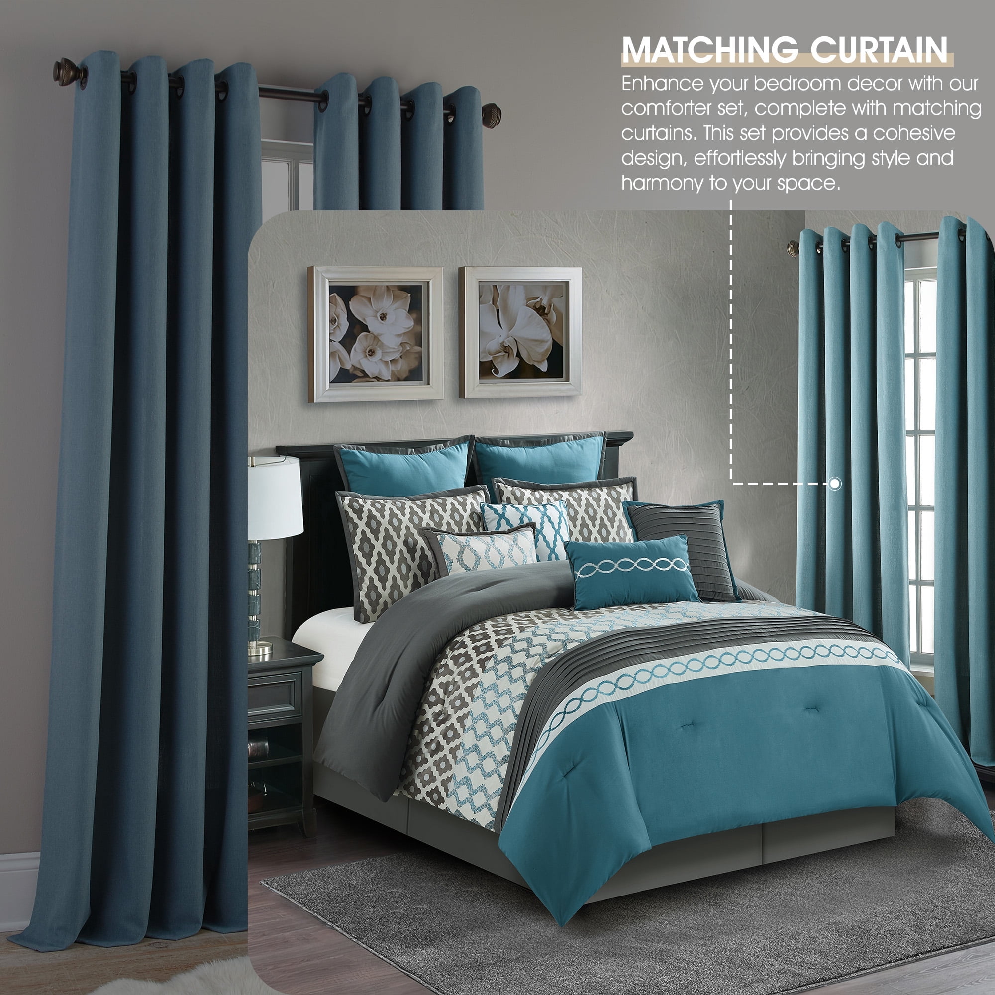 Lanco Geometirc Queen Blue Comforter Set, 12 Piece, Jacquard Bedding ...