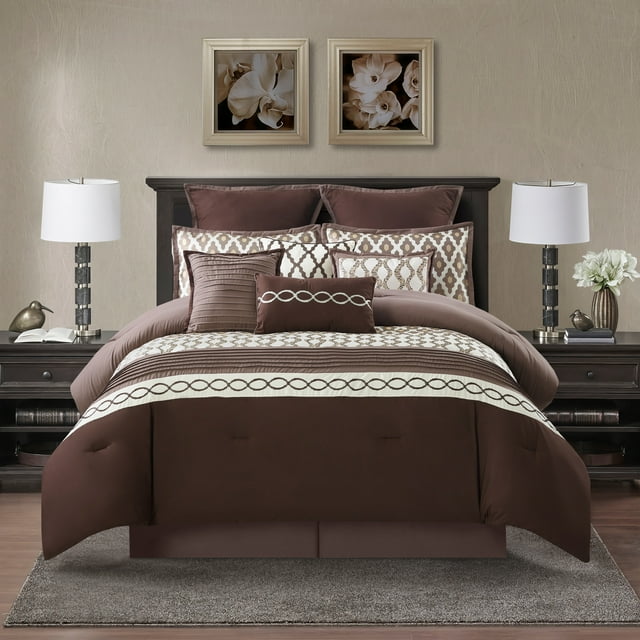 Lanco Geometirc Queen Brown Comforter Set, 10 Piece, Jacquard Bedding ...