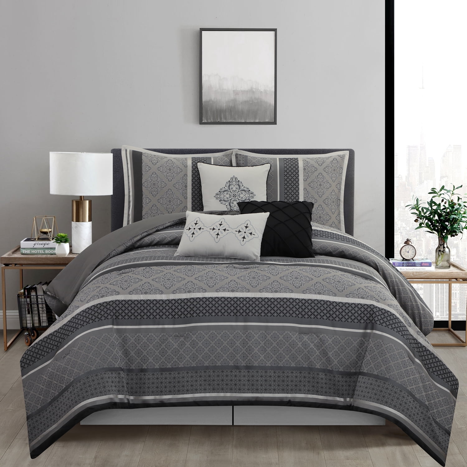 Lanco Geometric Grey Comforter Set Queen Size , 7 Piece Jacquard Bedding Set , Ultra-soft ...