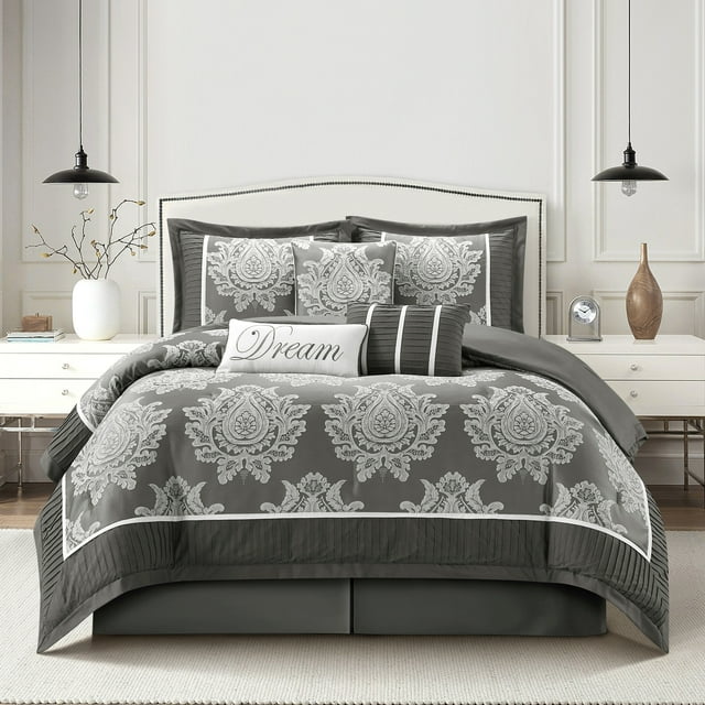 Lanco Grey 7 Piece Comforter Set Queen Size, Jacquard with Matching ...