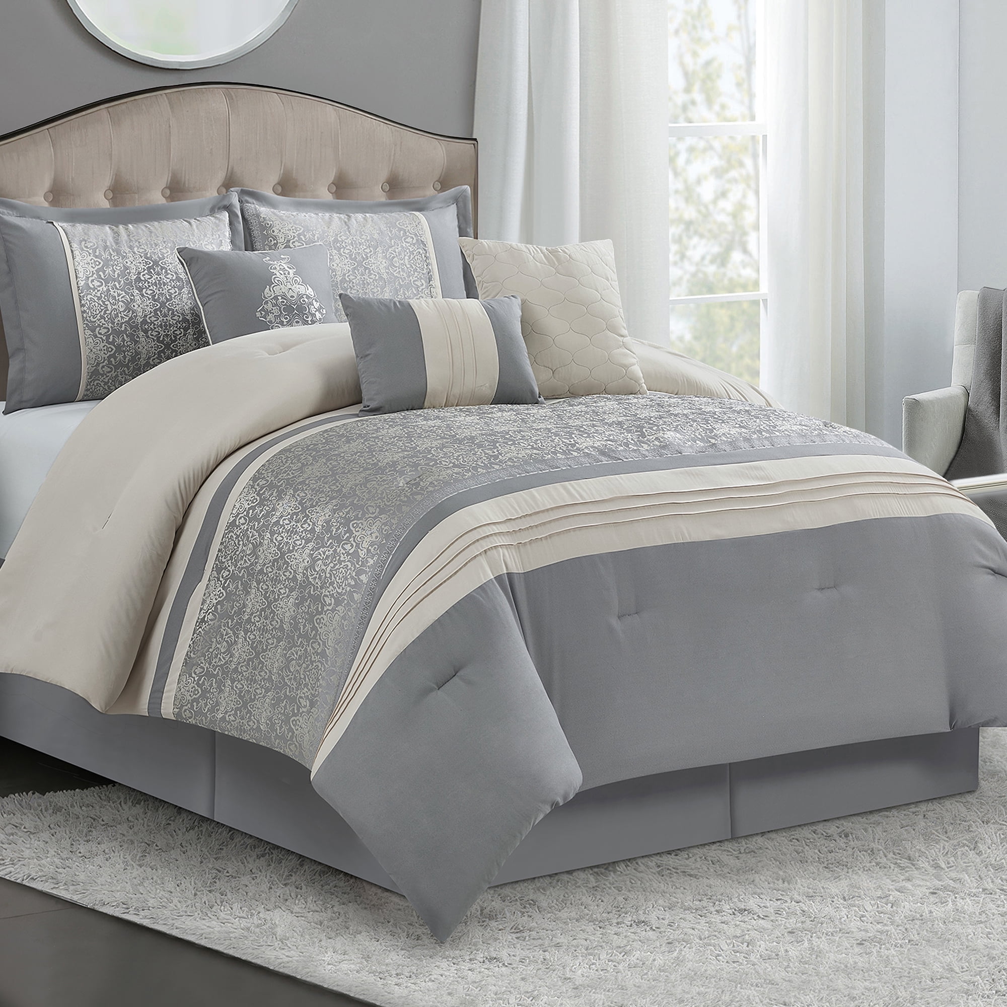Lanco Grey Comforter Set California King Size, 7 Piece, Jacquard Home ...