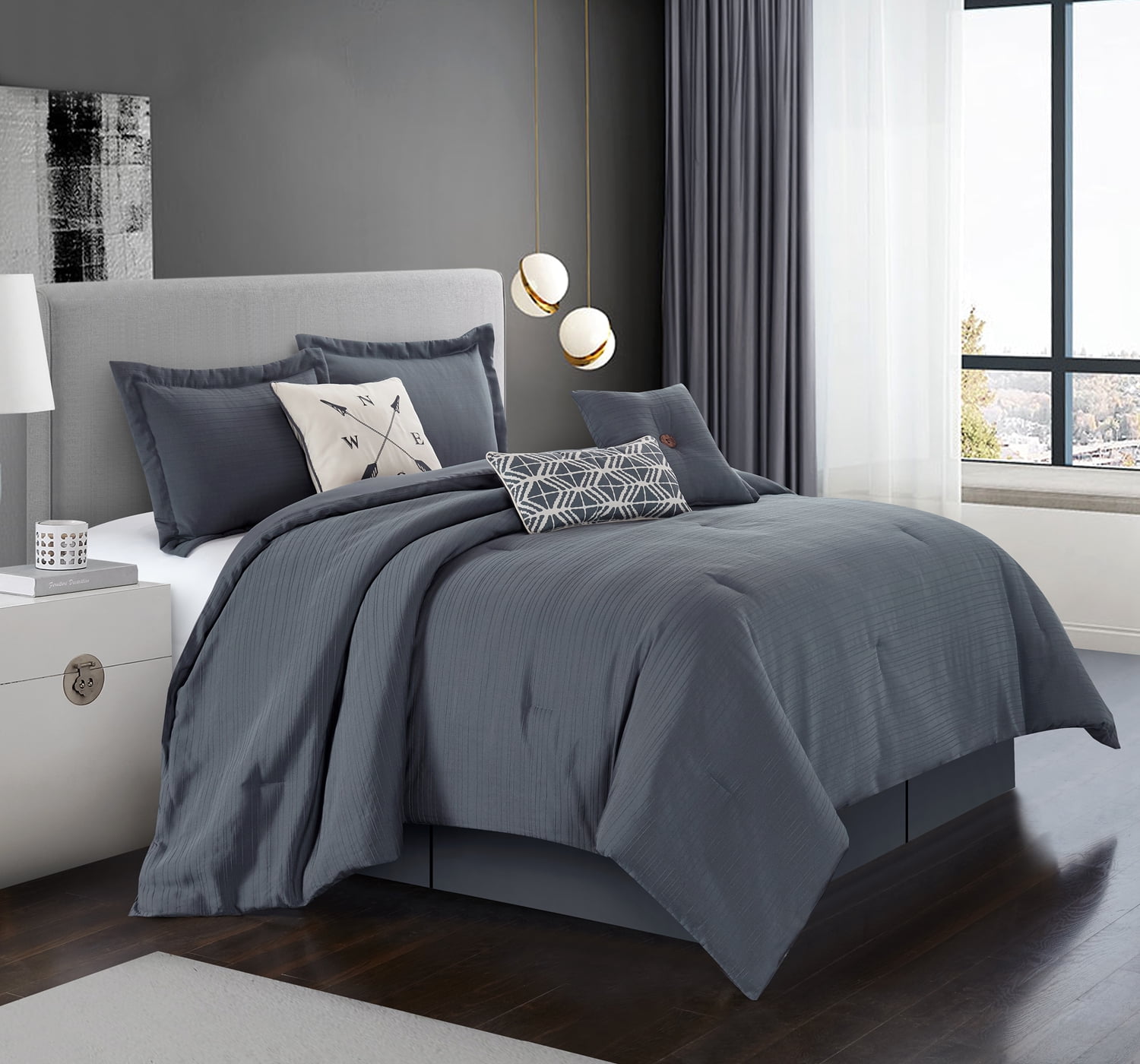 Lanco Grey Comforter Set King Size , 7 Piece Textured Slub Stripe ...