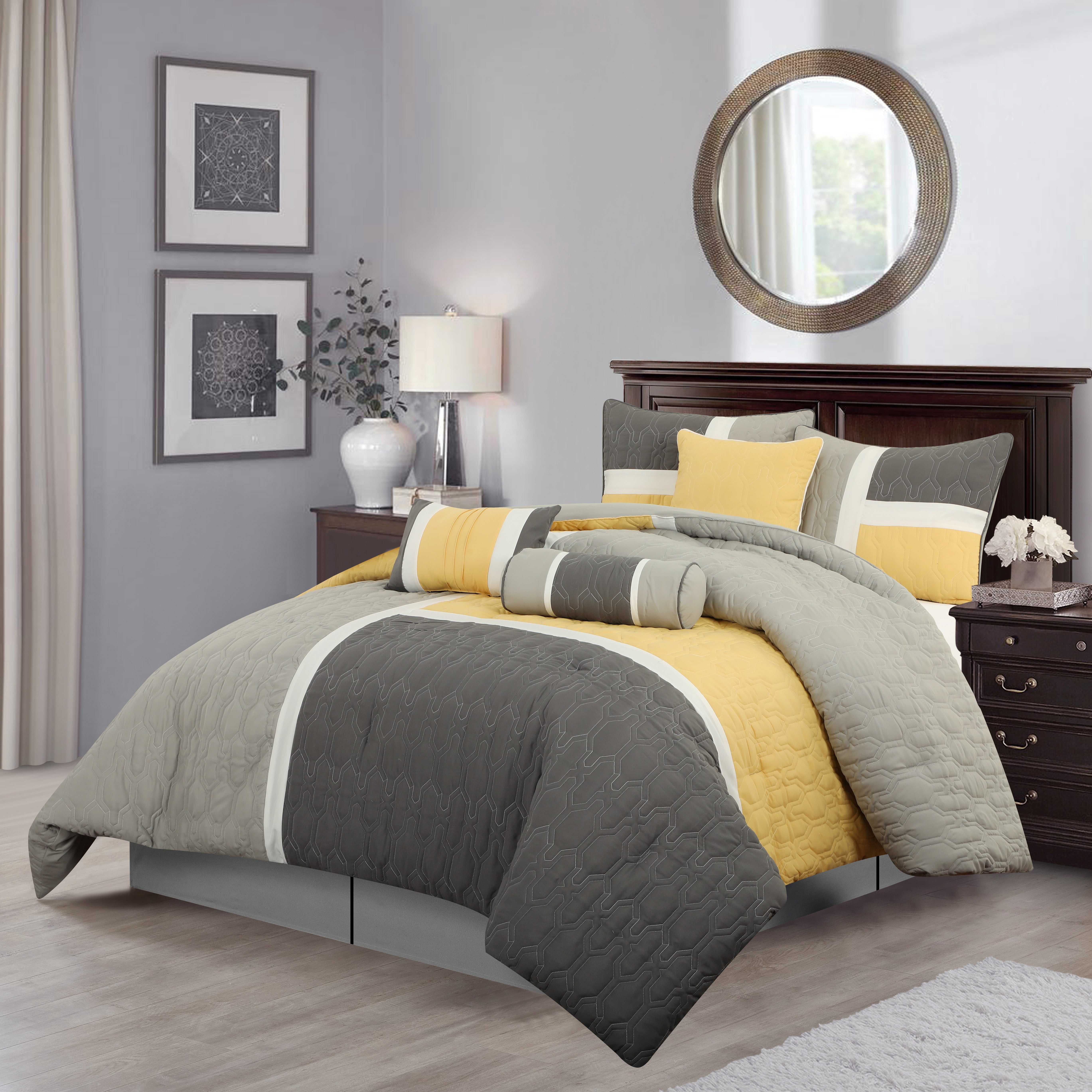 Lanco Home Adults Bedroom Grey Yellow Comforter Set California King Size 7 Piece Quilting Soft Bedding Set All Season Walmart