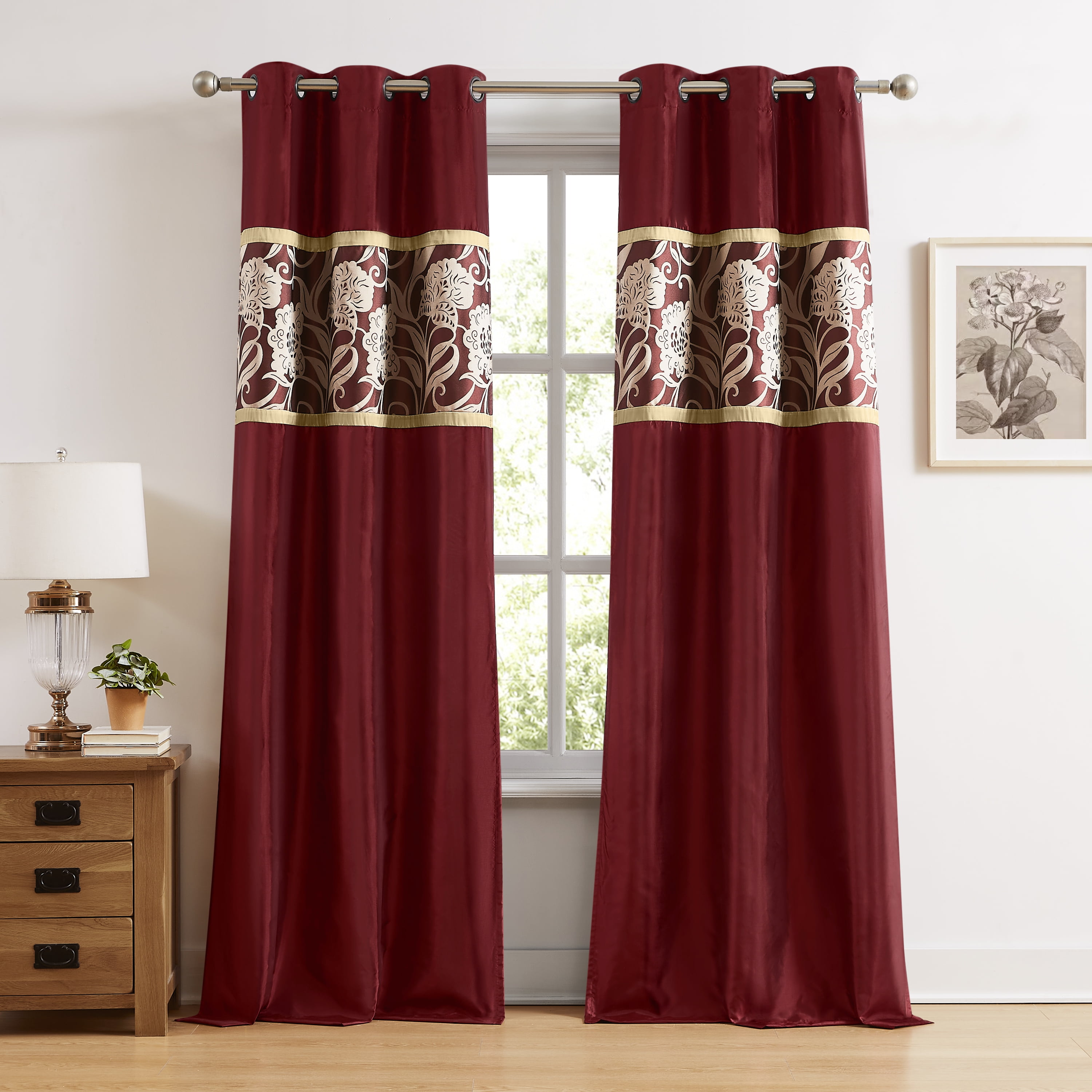 Lanco Lined Jacquard Border Curtain Panels, Red Gold Curtains, Grommet ...