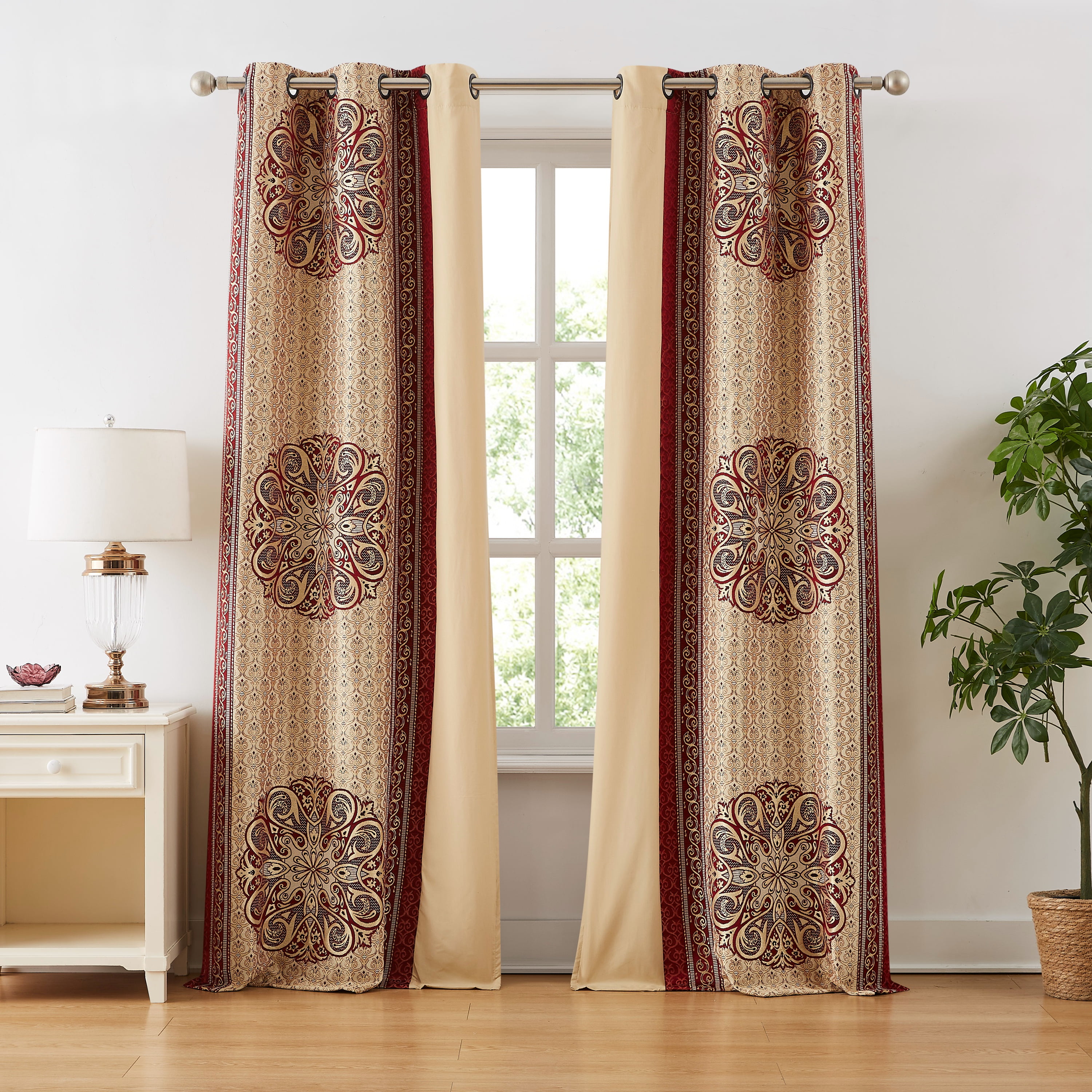 Lanco Lined Jacquard Border Curtain Panels, Red Gold Curtains, Grommet ...