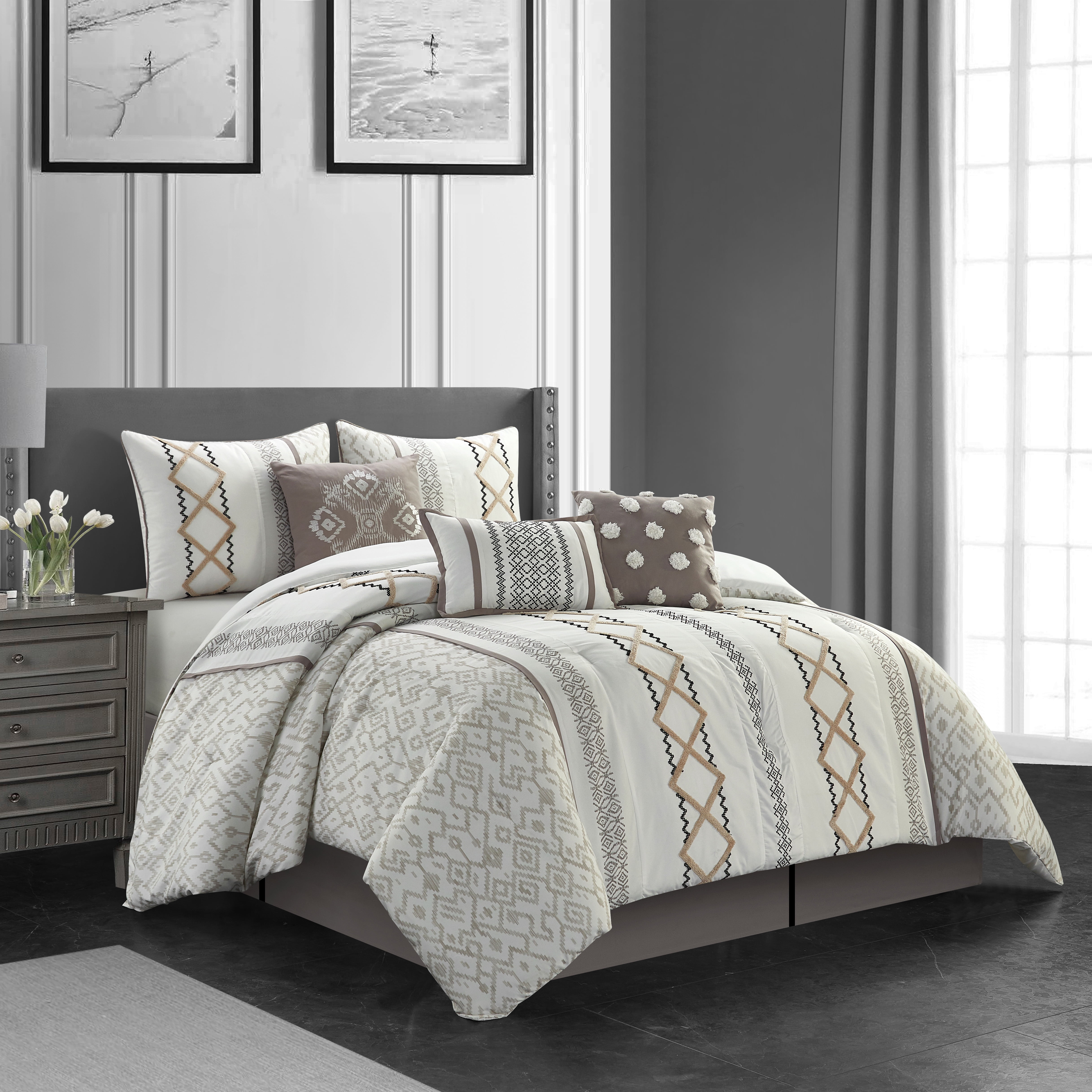 Lanco Luxury 7 Piece Cozy Boho Comforter Set King Beige Embroidered ...