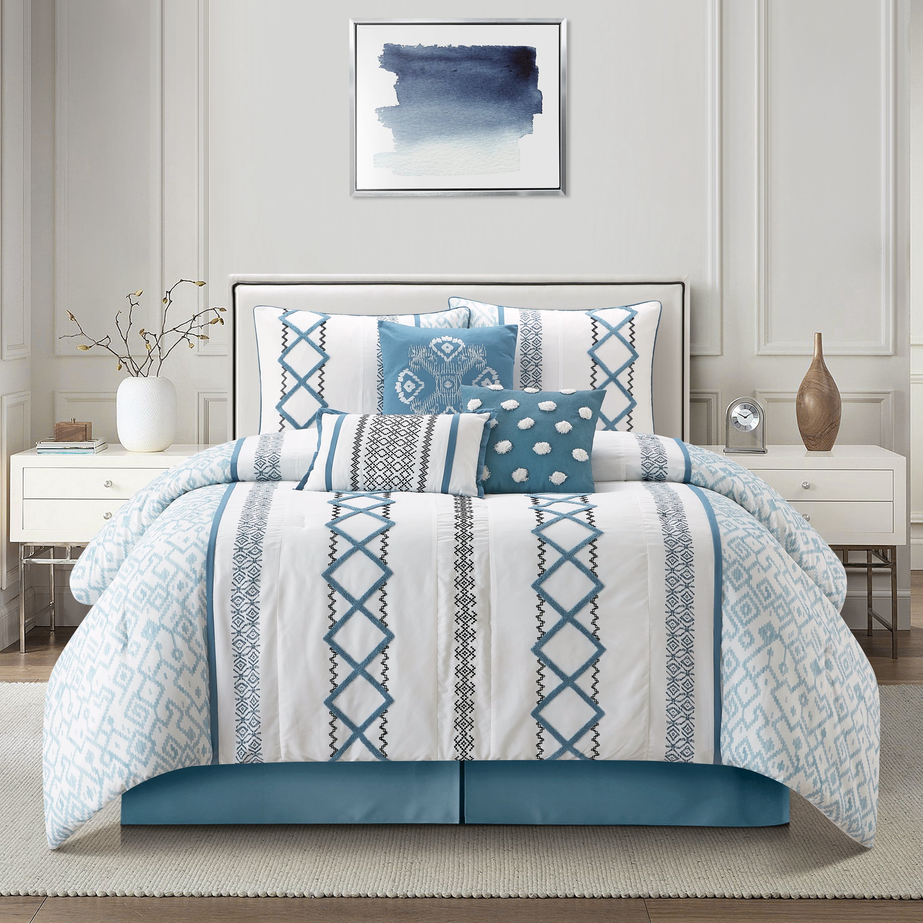 Lanco Luxury Blue Comforter Set, California King Size, 7 Piece Terry Embroidery, All Season ...