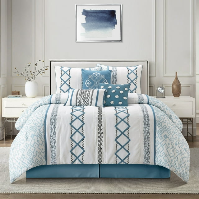 Lanco Luxury Blue Comforter Set, California King Size, 7 Piece Terry Embroidery, All Season ...