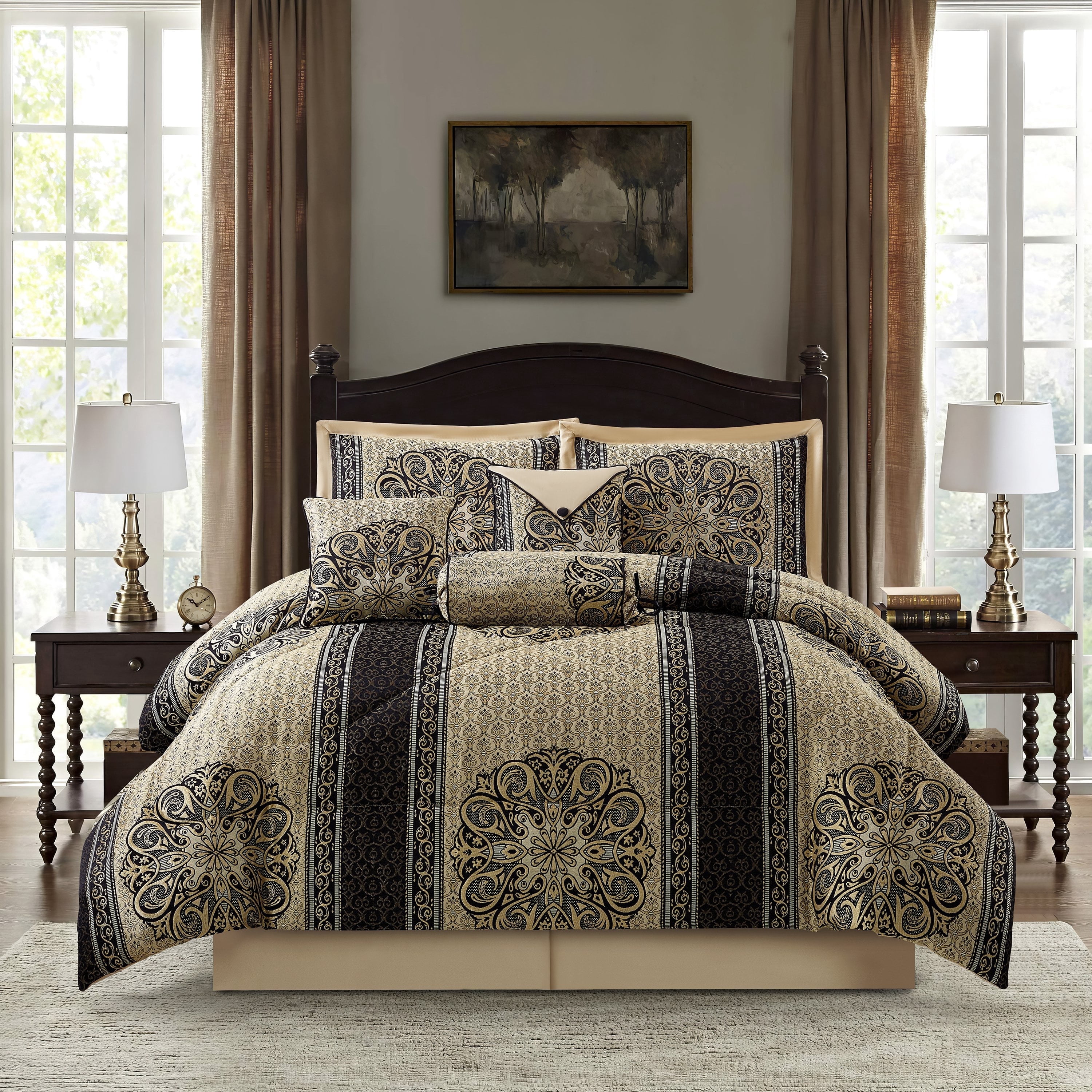Lanco Medallion 7 Piece Black Gold Comforter Set , California King Size ...