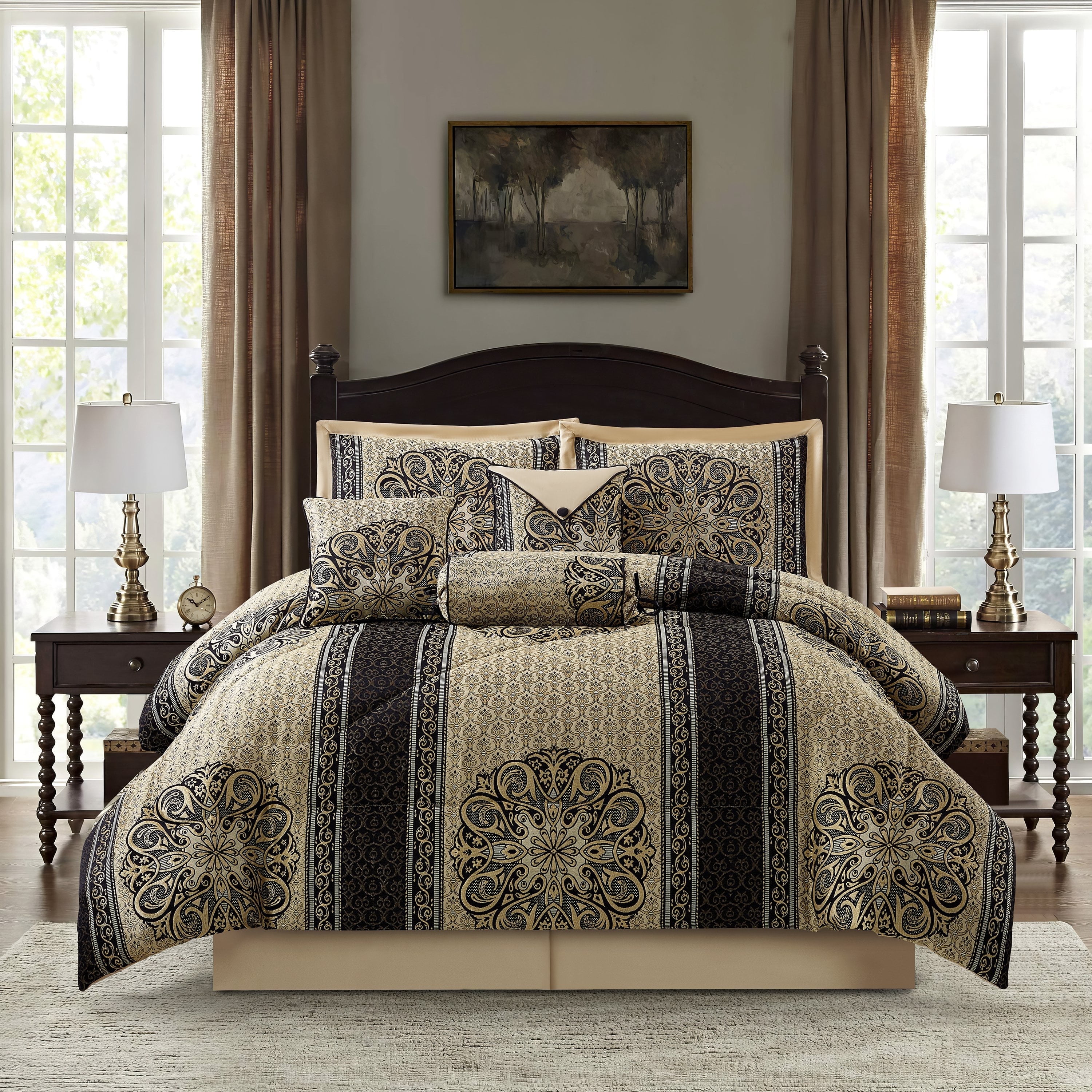 Lanco Medallion 7 Piece Black Gold Comforter Set , King Size Jacquard ...