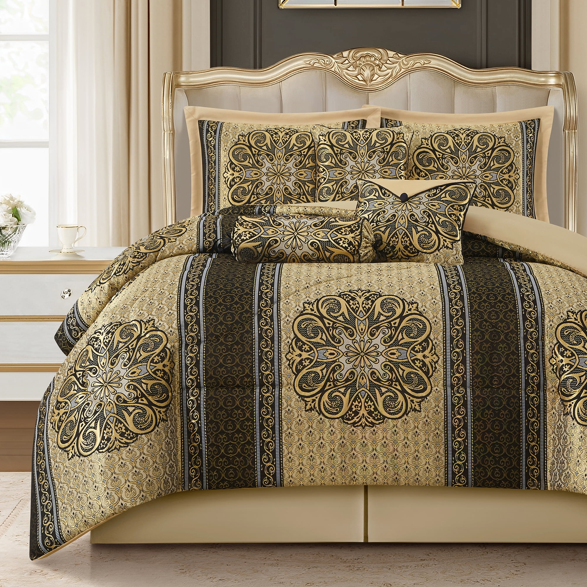 Lanco Medallion 7 Piece Black Gold Comforter Set , Queen Size Jacquard Bedding , All Season ...