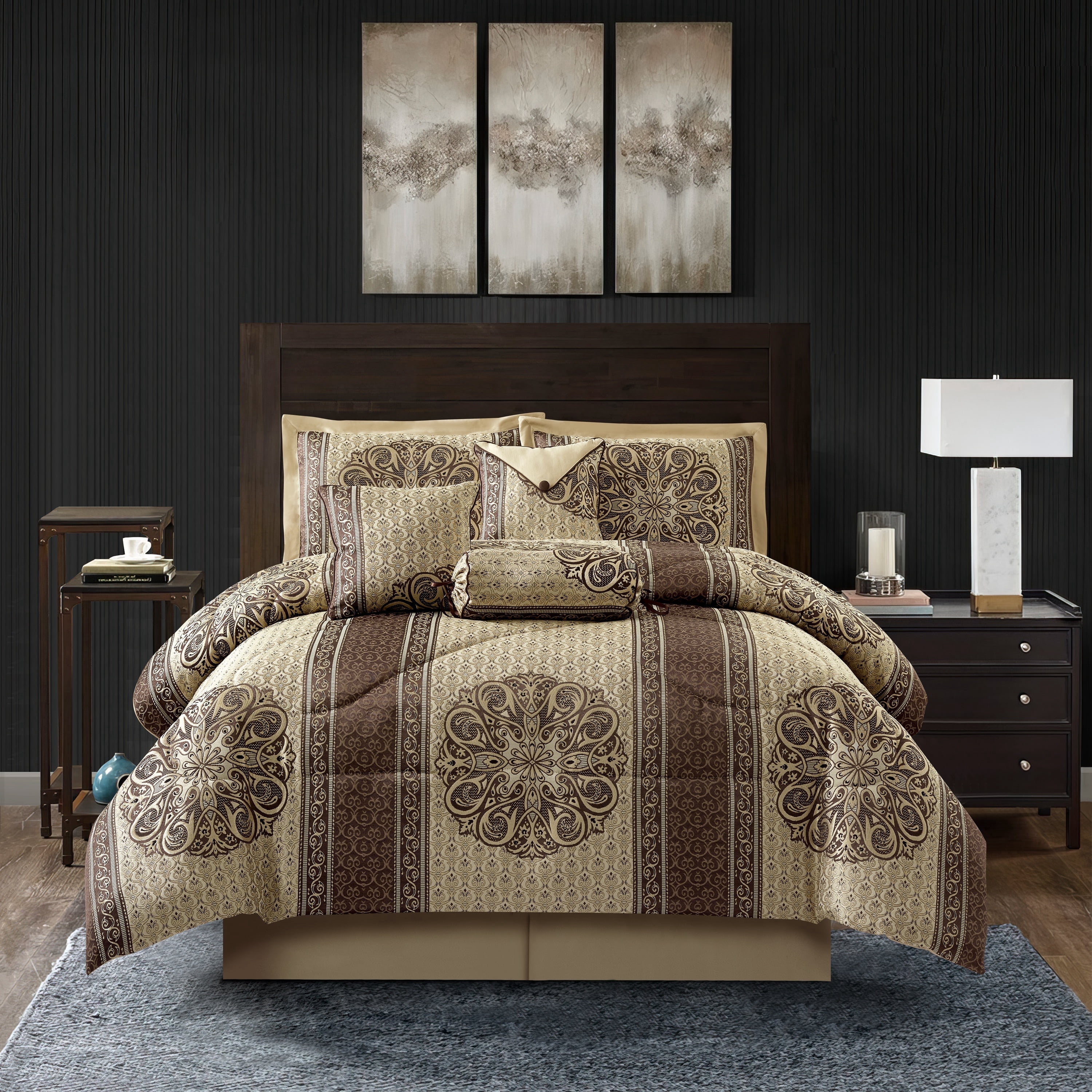Lanco Medallion 7 Piece Navy Comforter Set, Queen Size Jacquard Bedding ...