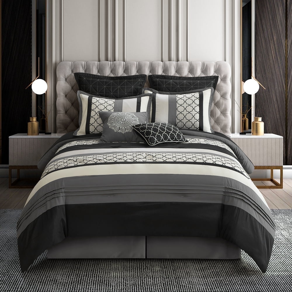 Lanco Modern Queen Comforter Set, 8-Piece, Moroccan Black/Gray/Off ...