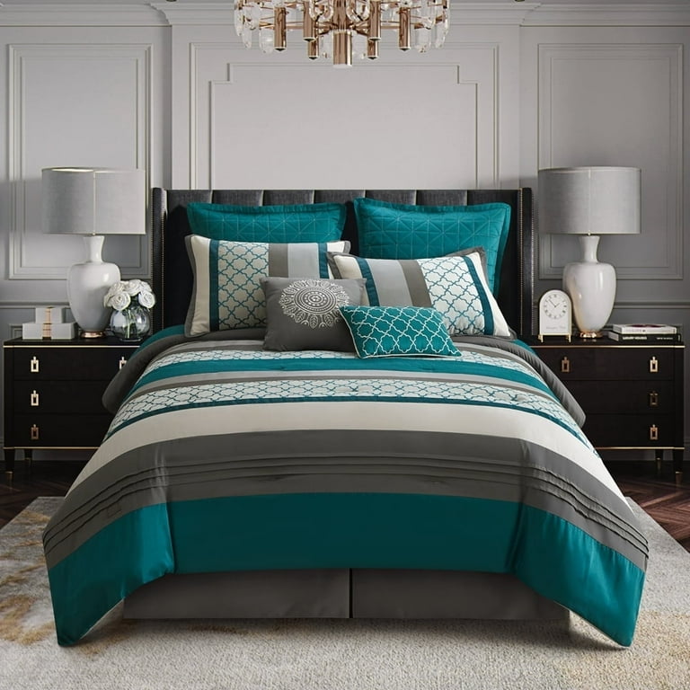 Lanco 8 Piece Comforter Set Moroccan Peacock Teal Turquoise Grey Striped Geometric California King Size Walmart