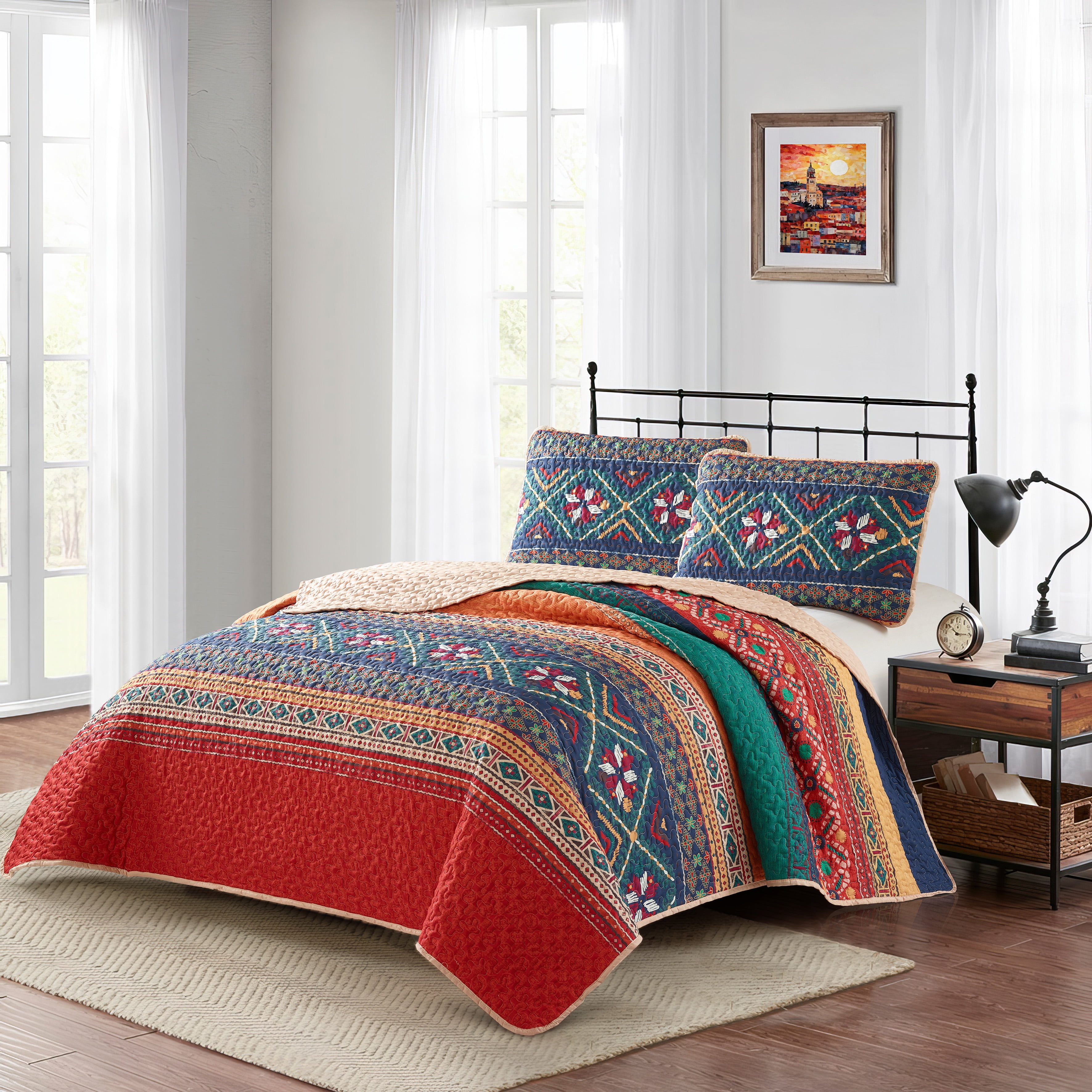 Lanco Multi Color Quilt Set Queen Size , 3 Piece Set , Microfiber Print ...
