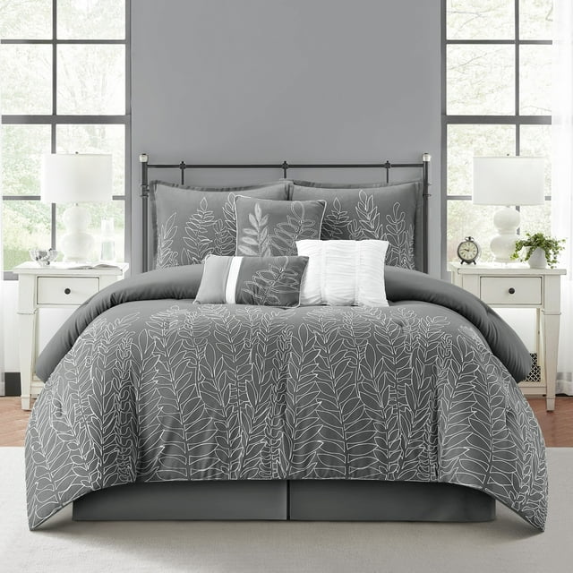 Lanco Natalie Fern Floral 7-Piece Bedding Comforter Set, Grey, Bed Size ...