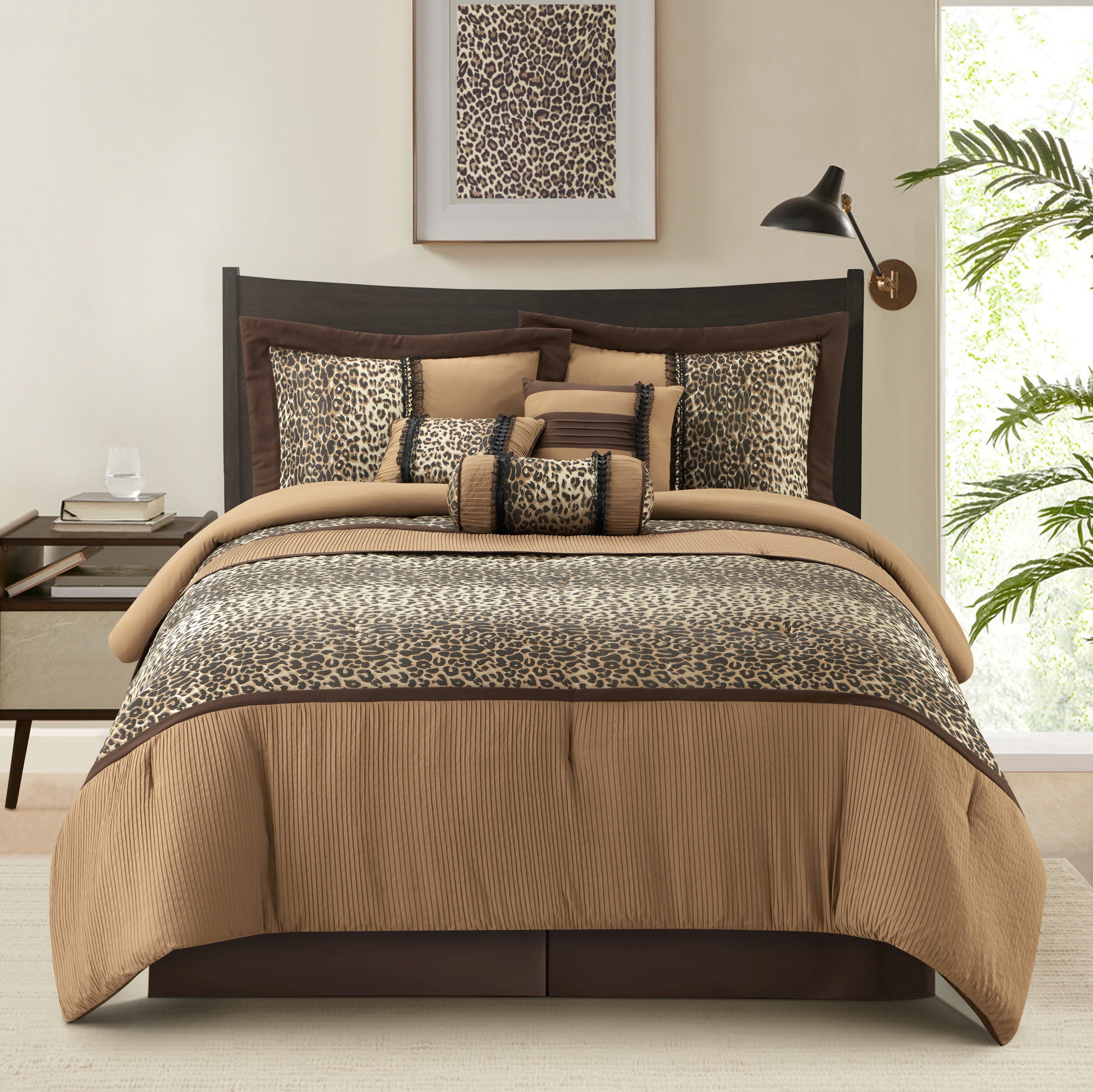 Lanco Percy Leopard Print 7-Piece Comforter Bedding Set, Brown, Bed ...