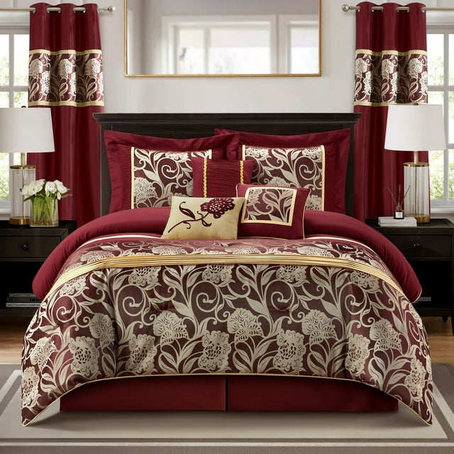 Lanco Red And Gold Comforter Set King Size 9 Piece Jacquard Floral