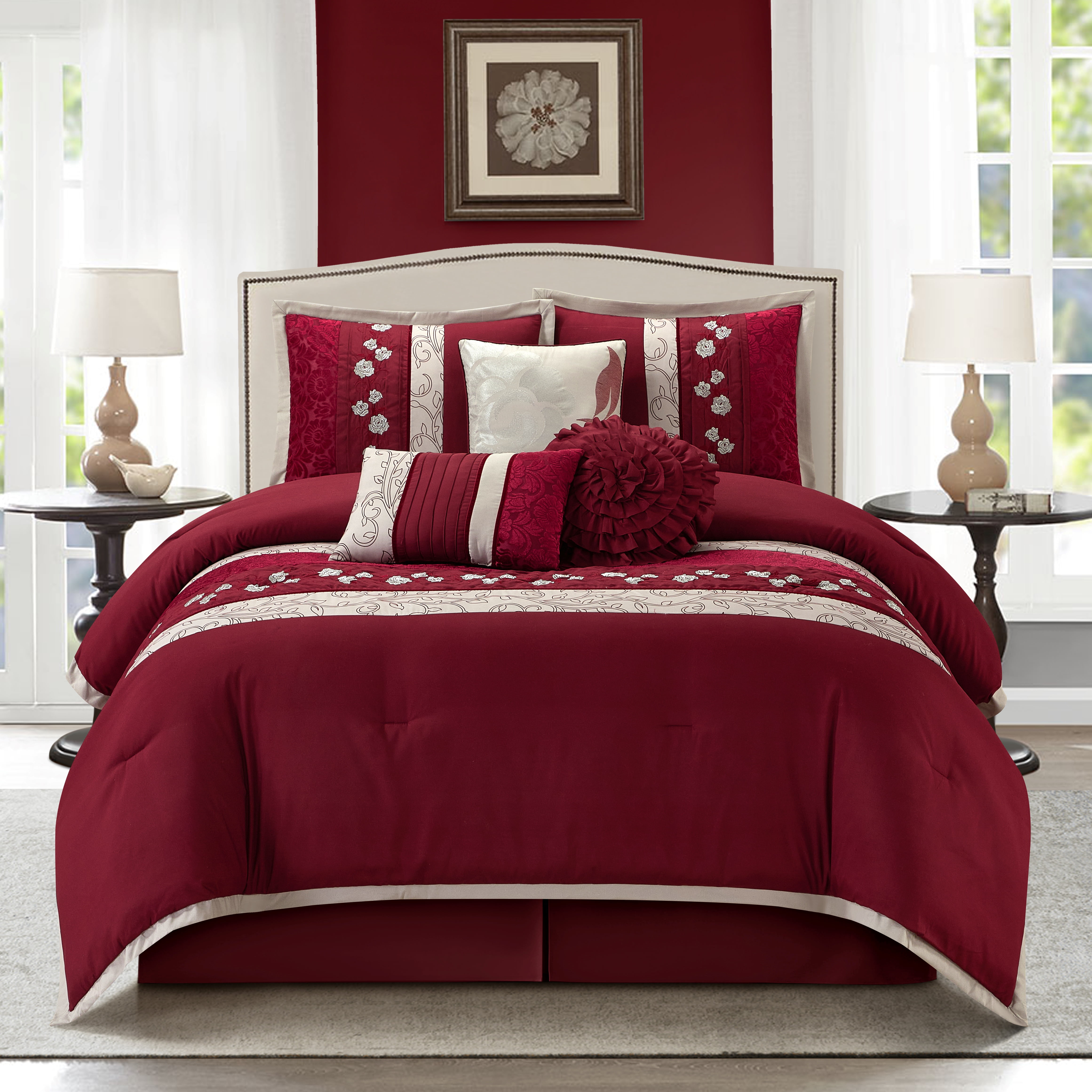 Lanco Silhouette Rose Floral Red Wine 7-Piece Comforter Set, King ...