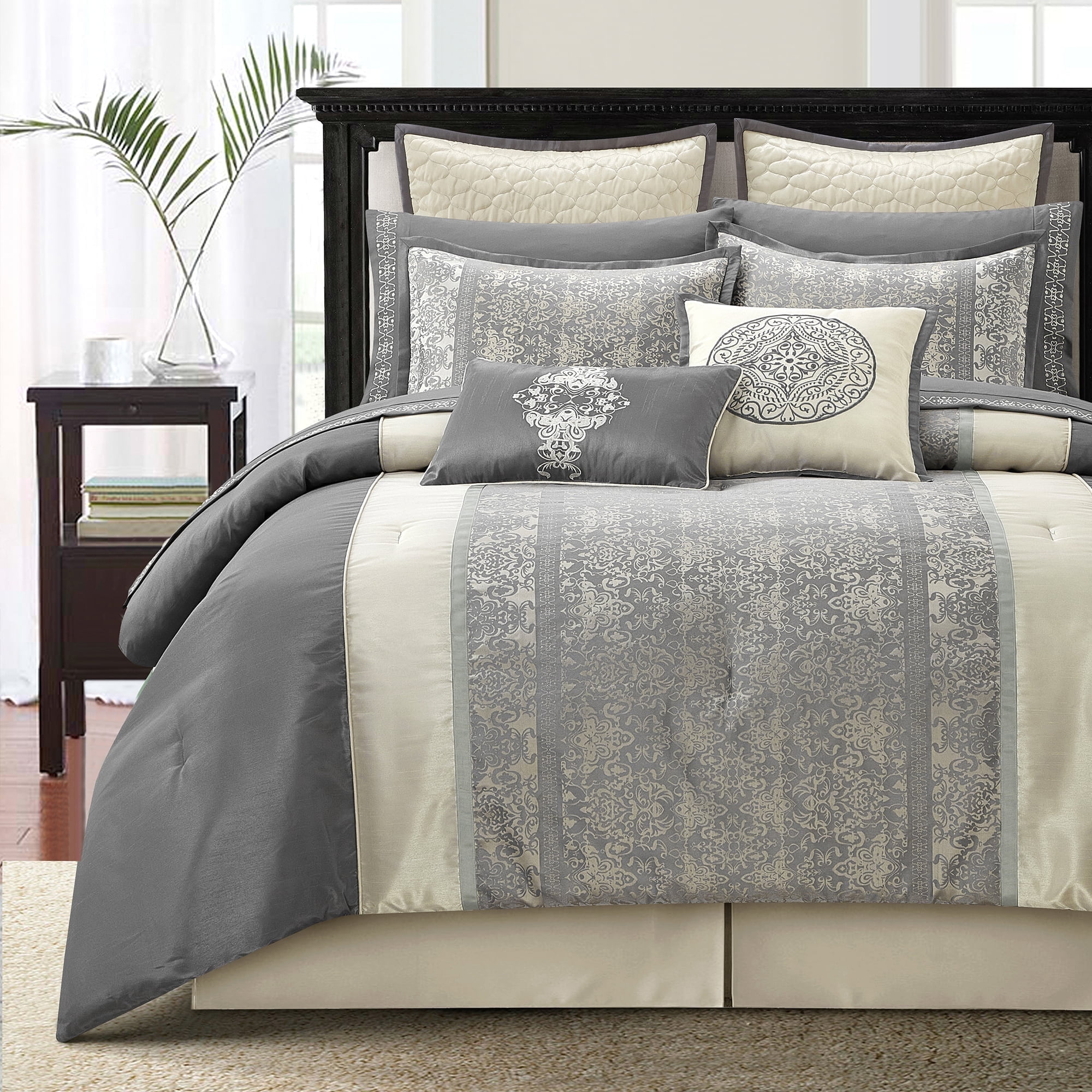 Lanco Silver & Ivory Comforter Set King Size, Classic Jacquard Bedding ...