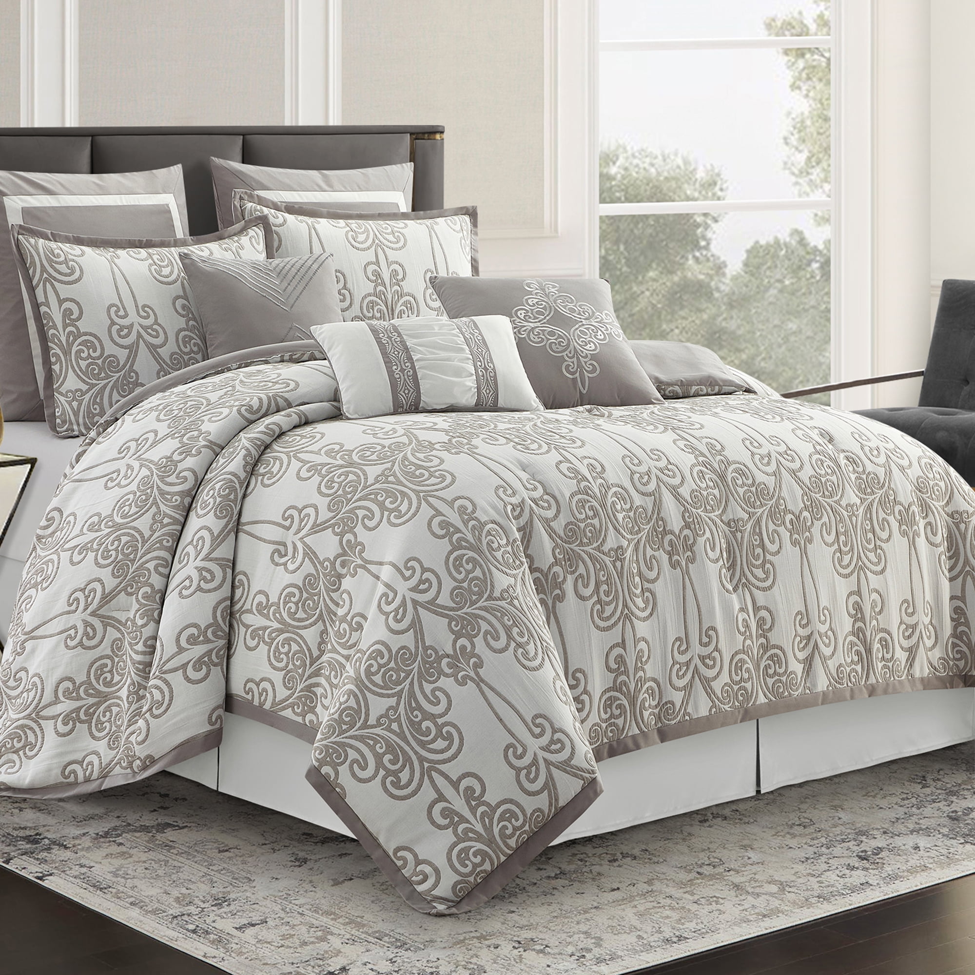 Lanco Smoke Grey Comforter Set California King Size, 9 Piece Jacquard ...