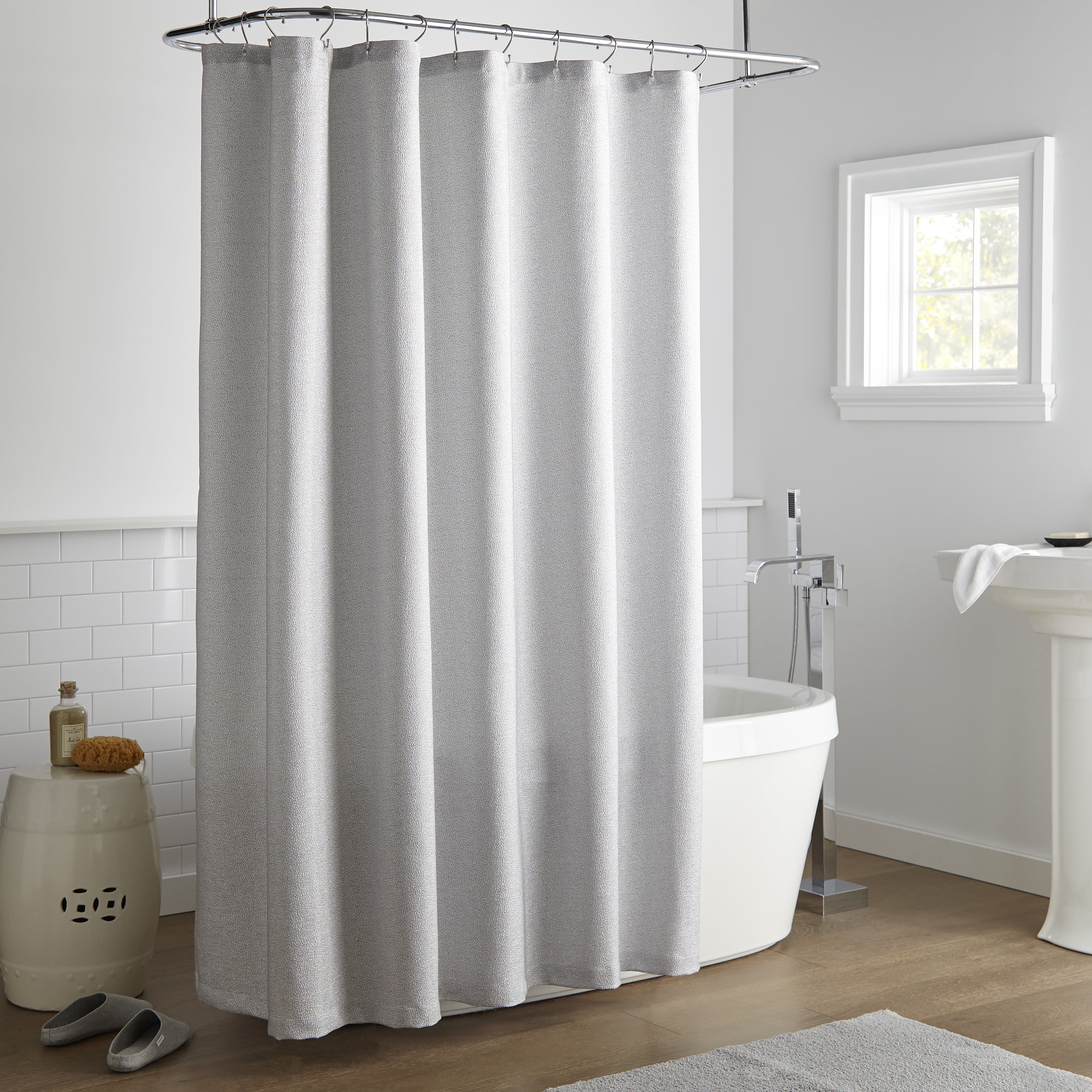 Lanco Fabric Cloth Bathroom Shower Curtain, Solid Grey, Metallic Effect ...