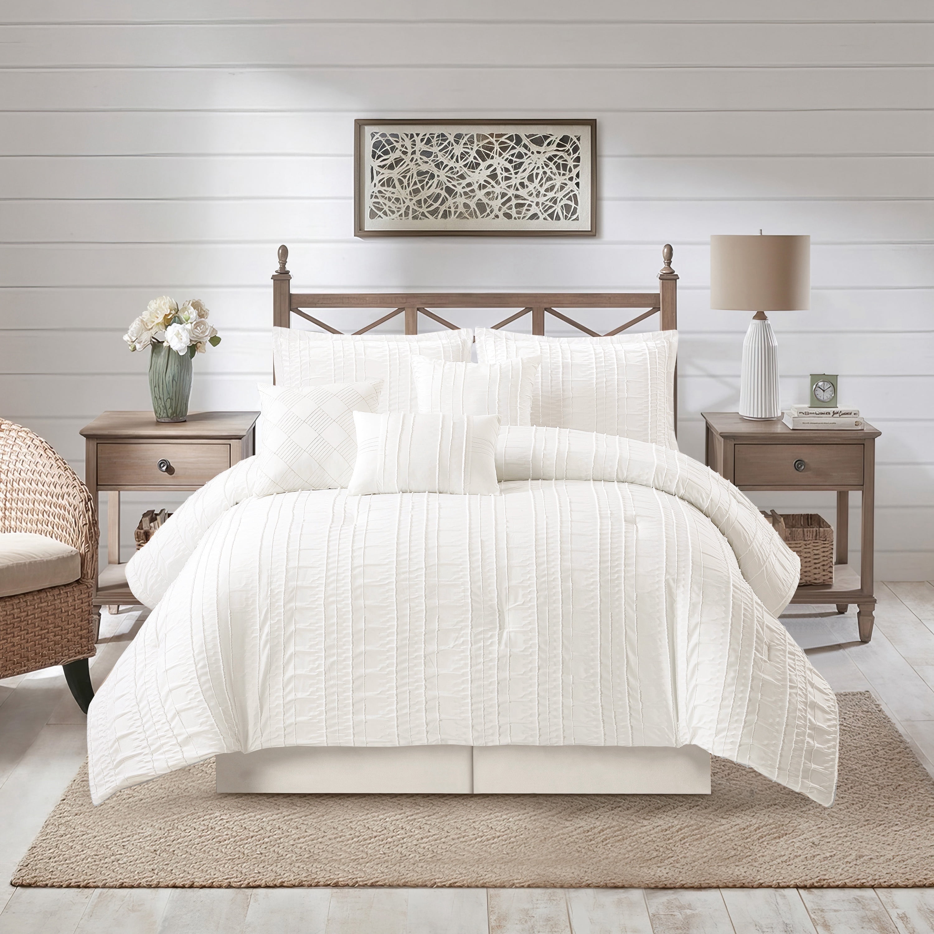 Lanco White Clip Jacquard Comforter Set King Size, 7 Piece Striped ...