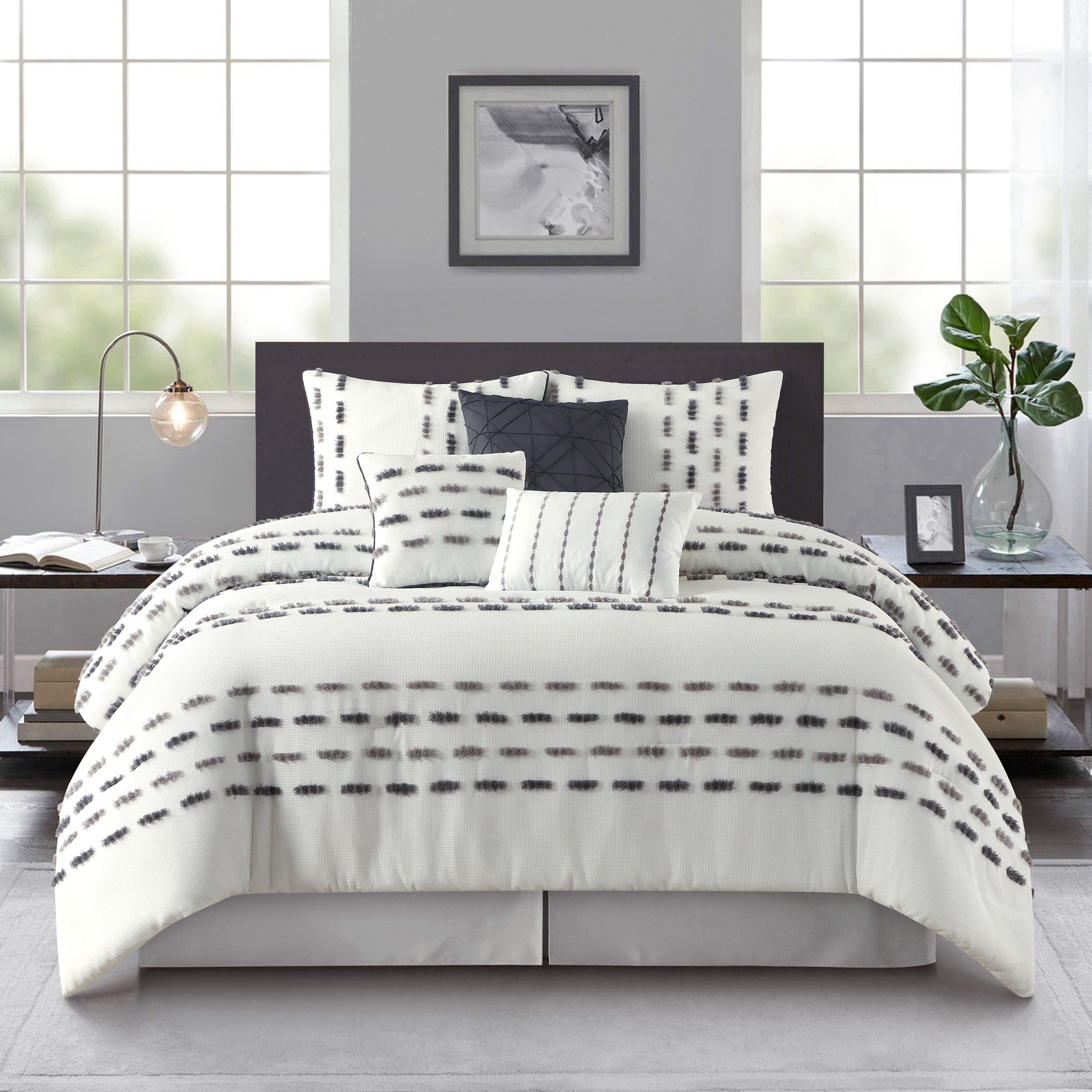 Lanco White Grey Comforter Set Queen Size , 7 Piece , Clip with Waffle ...
