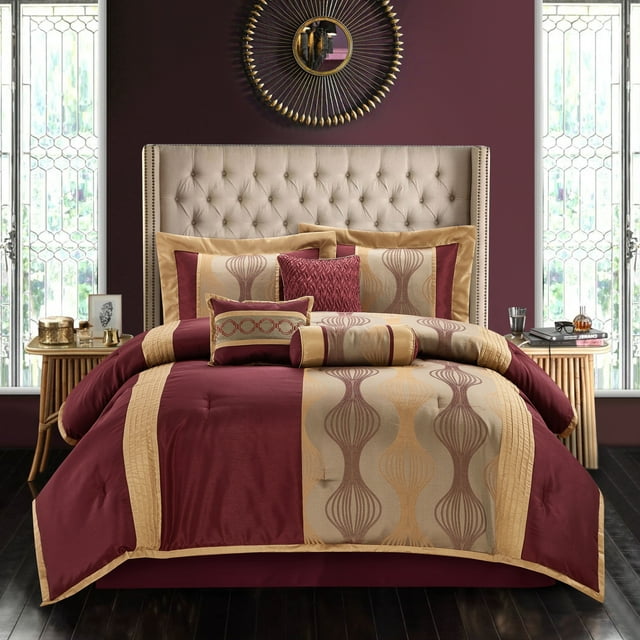 Lanco Home King Size 7-Piece Wine Gold Comforter Set, Geometric ...