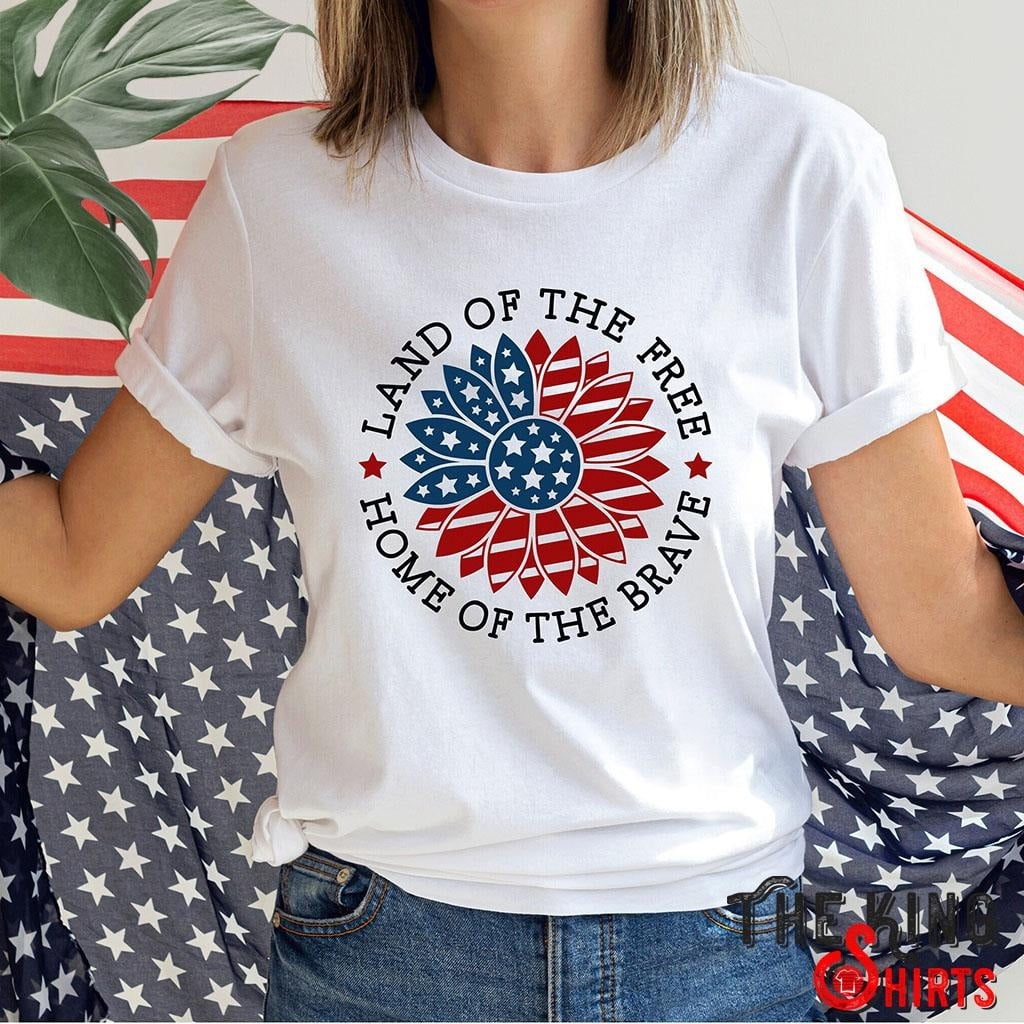 Land Of The Free T-shirt For Unisex White With American Flag Sunflower ...